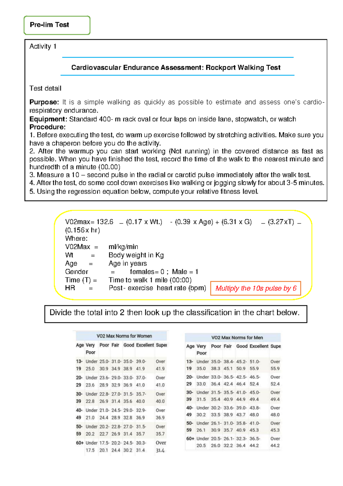 Physical Fitness Tests - Pre-lim Test Activity 1 Cardiovascular ...