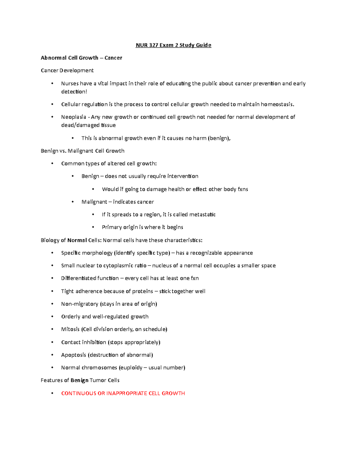 NUR 327 Exam 2 Study Guide - NUR 327 Exam 2 Study Guide Abnormal Cell Growth – Cancer Cancer ...
