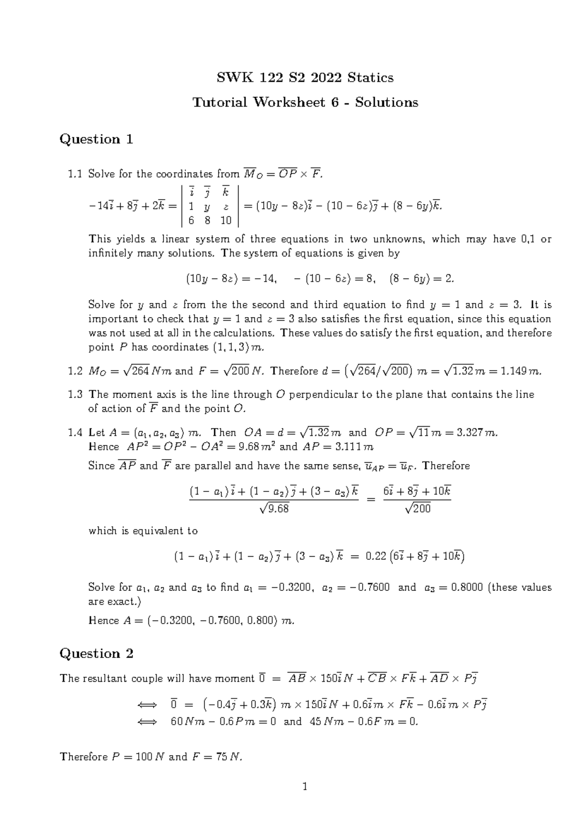 22TUT06 solutions - TUT - SWK 122 S2 2022 Statics Tutorial Worksheet 6 ...
