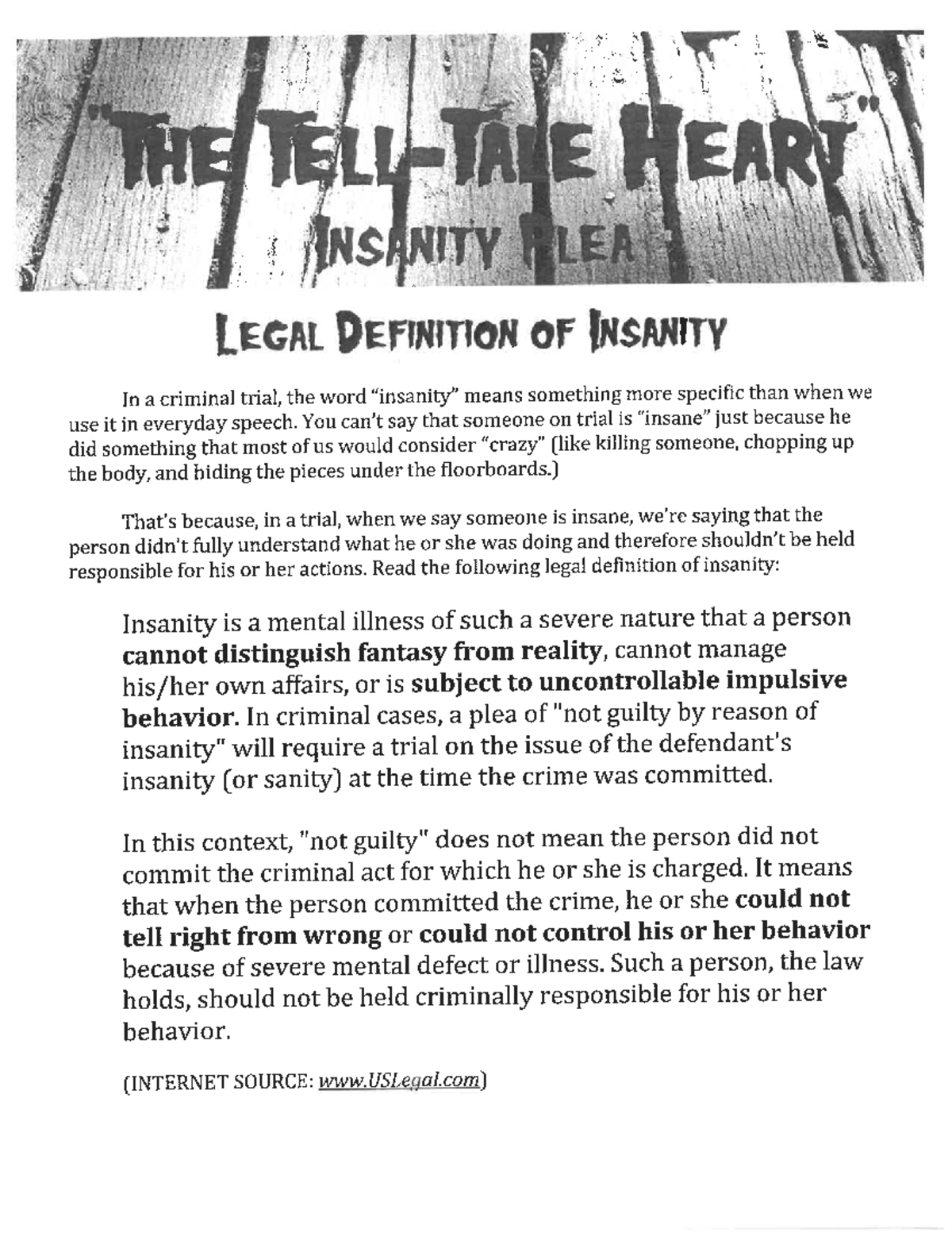 Insanity Plea - none - INSANITY PLEA LEGAL DEFINITION OF INSANITY In a ...