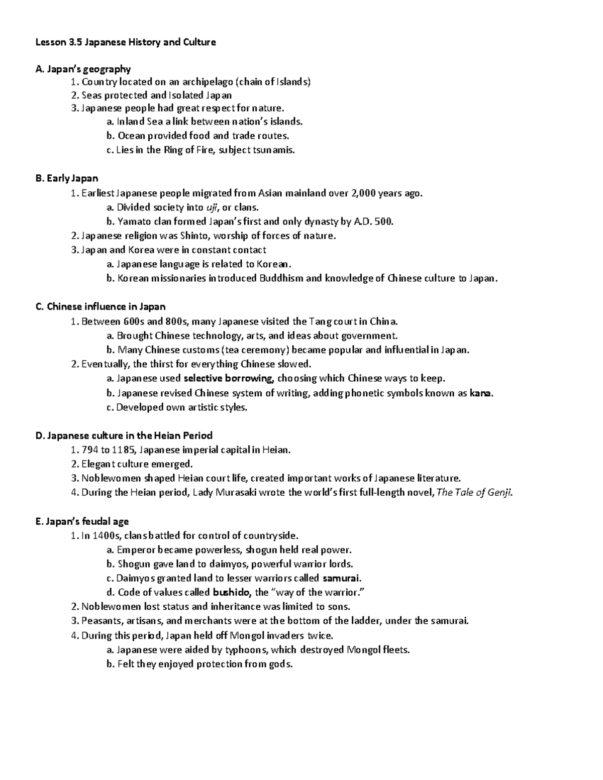 Lesson 3.5 Notes - Lesson 3 Japanese History and Culture A. Japan’s ...