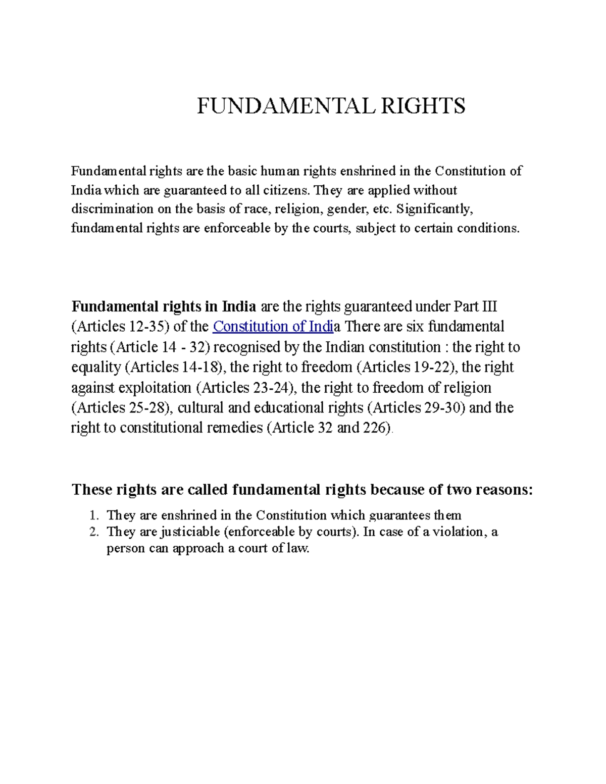 Pol sci. assignment - FUNDAMENTAL RIGHTS ####### Fundamental rights are ...