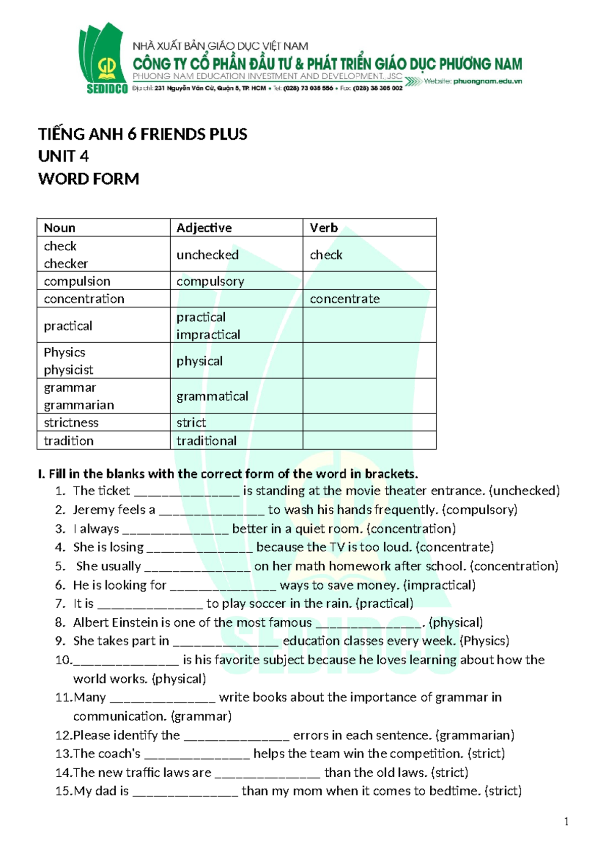 Tiếng Anh 6 Friends Plus Word Form Unit 4 - TIẾNG ANH 6 FRIENDS PLUS UNIT 4 WORD FORM Noun - Studocu