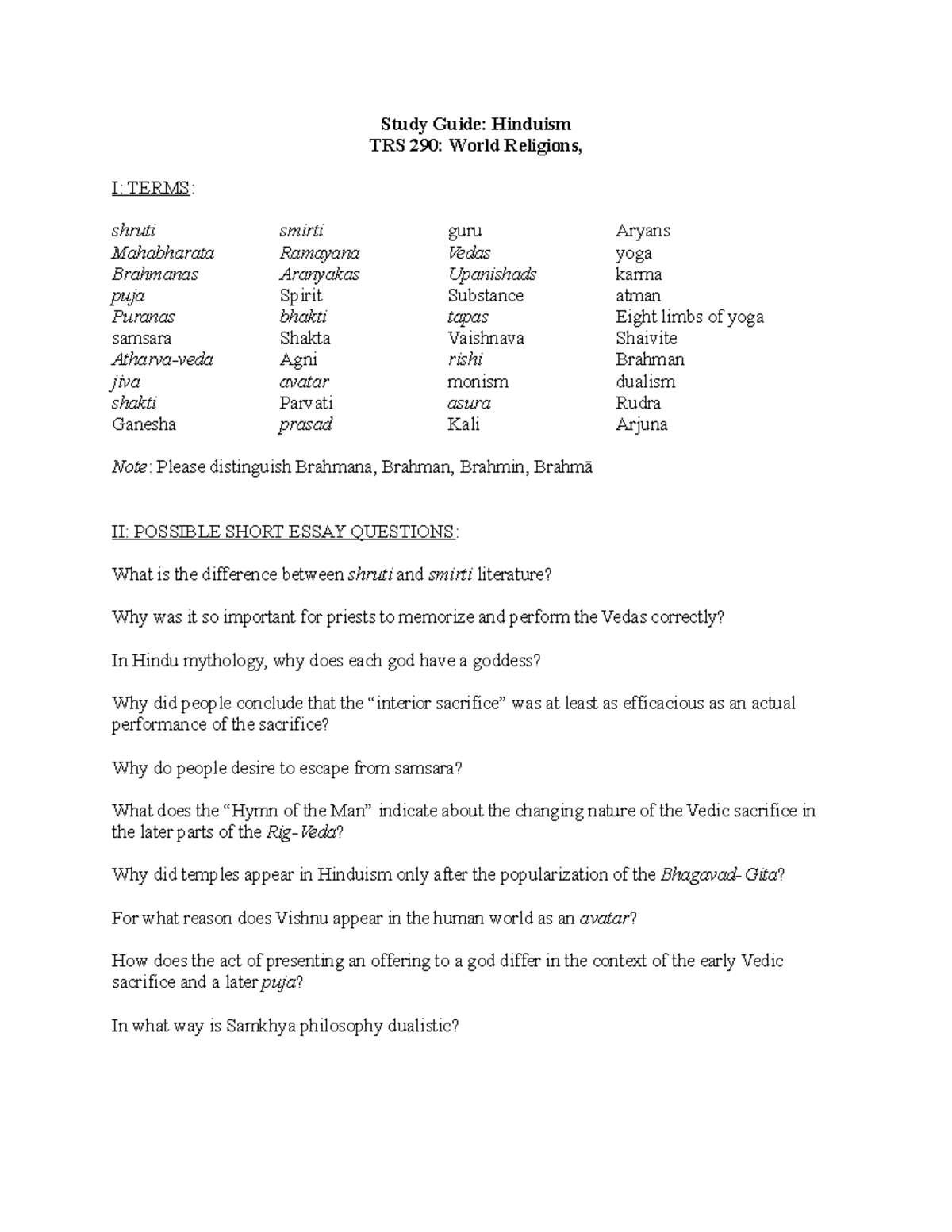 290 Hinduism Study Guide S21 - Study Guide: Hinduism TRS 290: World ...