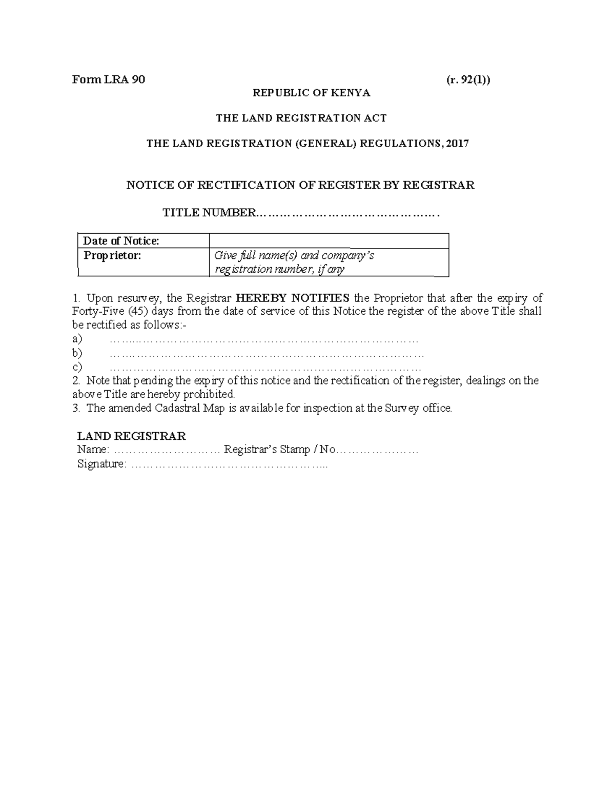 Form LRA 90 Notice OF Rectification OF Register BY Registrar - Form LRA ...