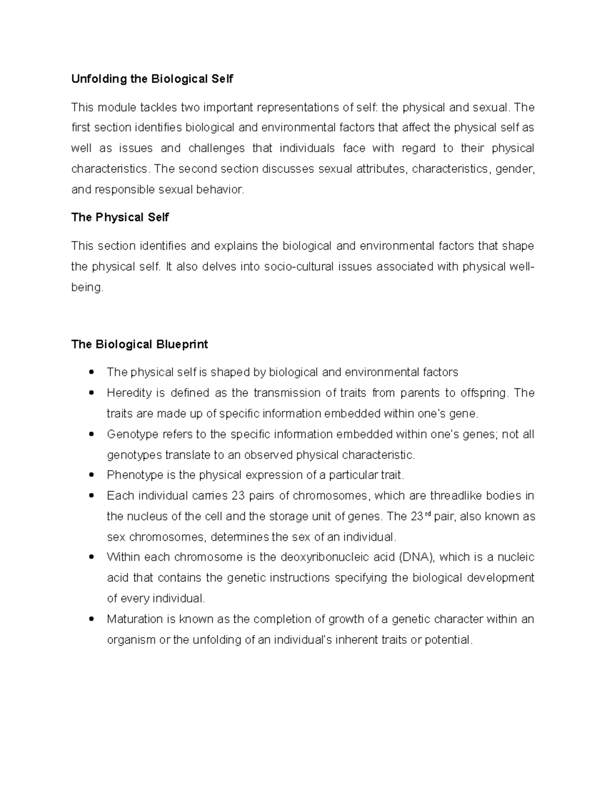 Unfolding the Biological Self - The first section identifies biological and environmental ...