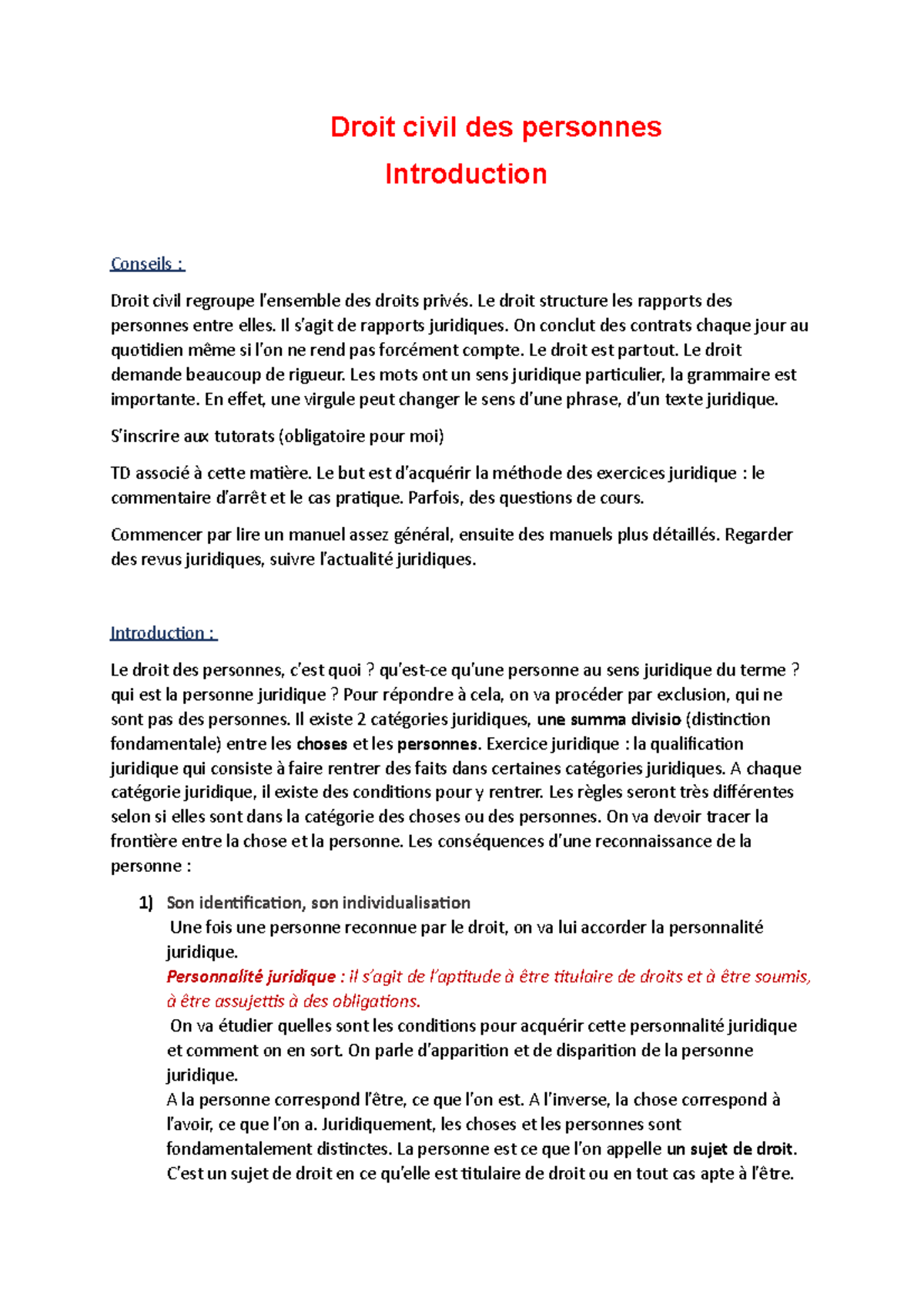 Droit civil CM - note de cour - Droit civil des personnes Introduction ...