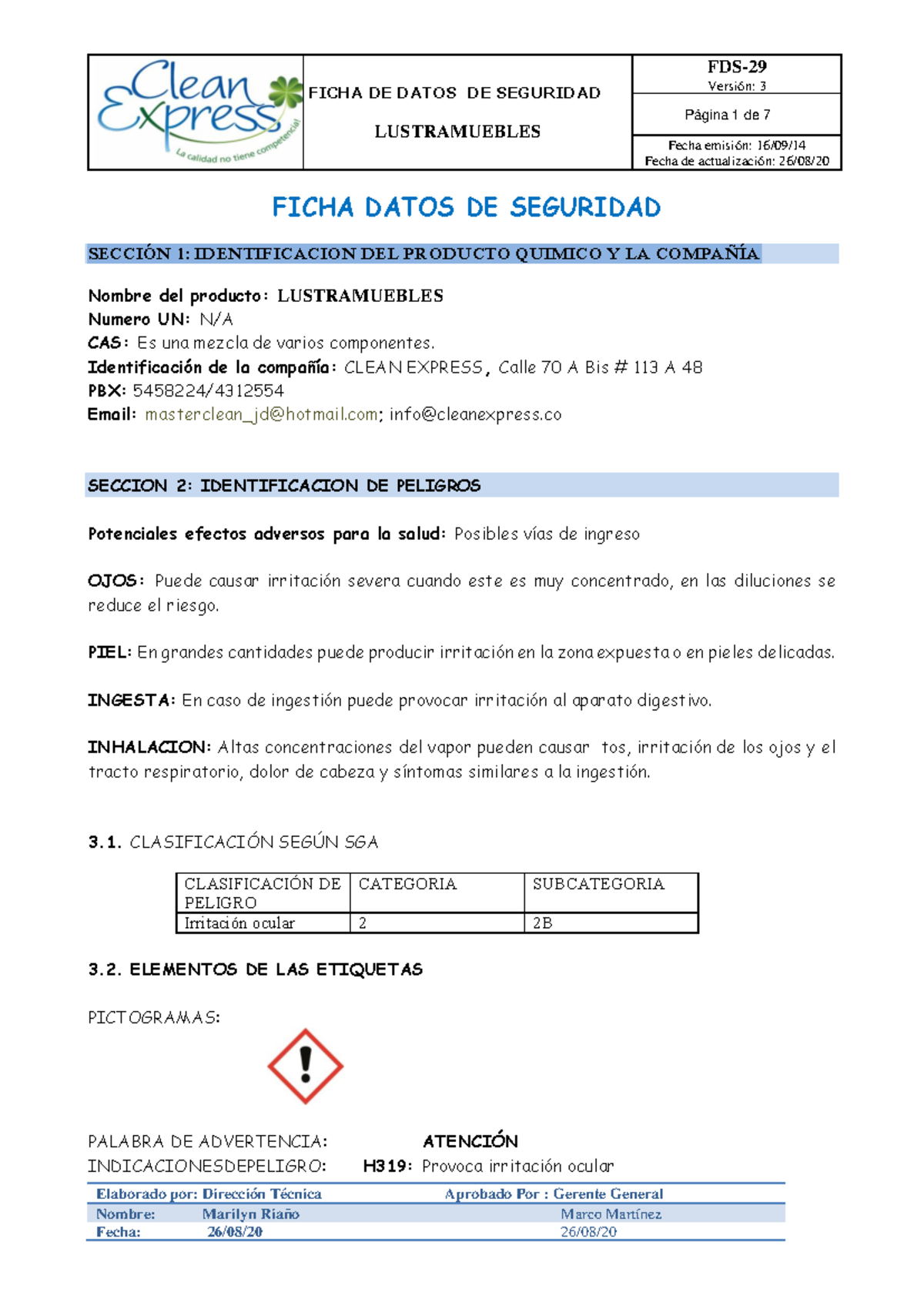 FDS- Lustramuebles (cubre rasguños) - FICHA DE DATOS DE SEGURIDAD LUSTRAMUEBLES Versión: 3 ...