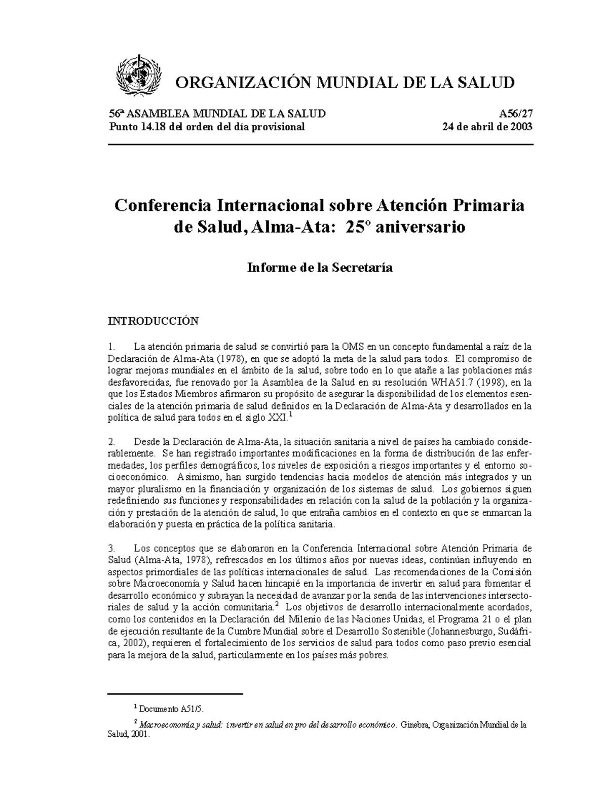 Aniver APS OMS - Repaso - ORGANIZACIÓN MUNDIAL DE LA SALUD 56ª ASAMBLEA ...