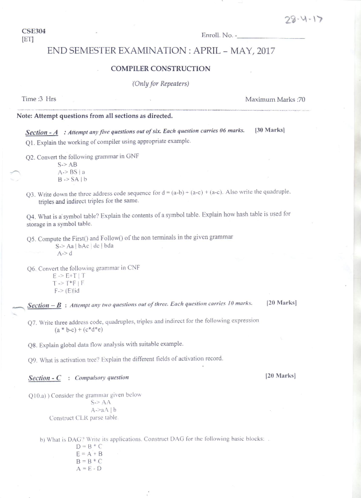 Compiler Construction, CSE304, April-MAY, 2017 - data base management ...