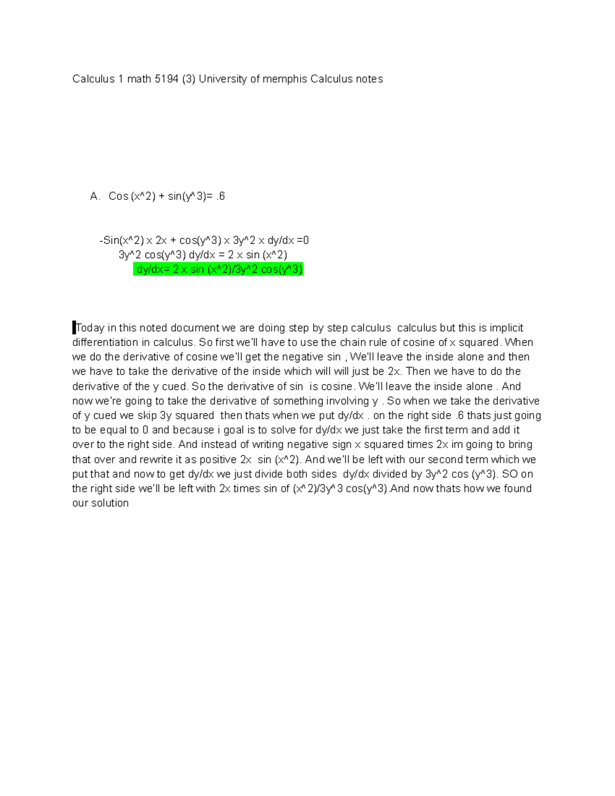 Calculus notes 3 - Calculus 1 math 5194 (3) University of memphis ...