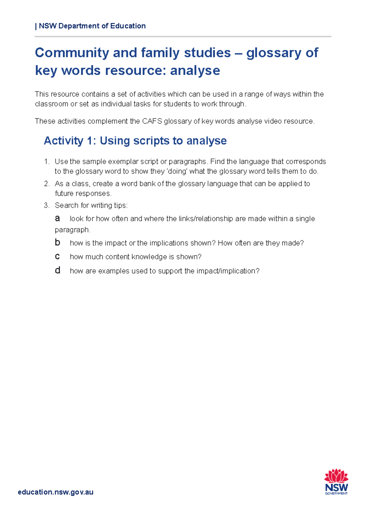 Pdhpe cafs glossary key words resource analyse s6 - | NSW Department of ...