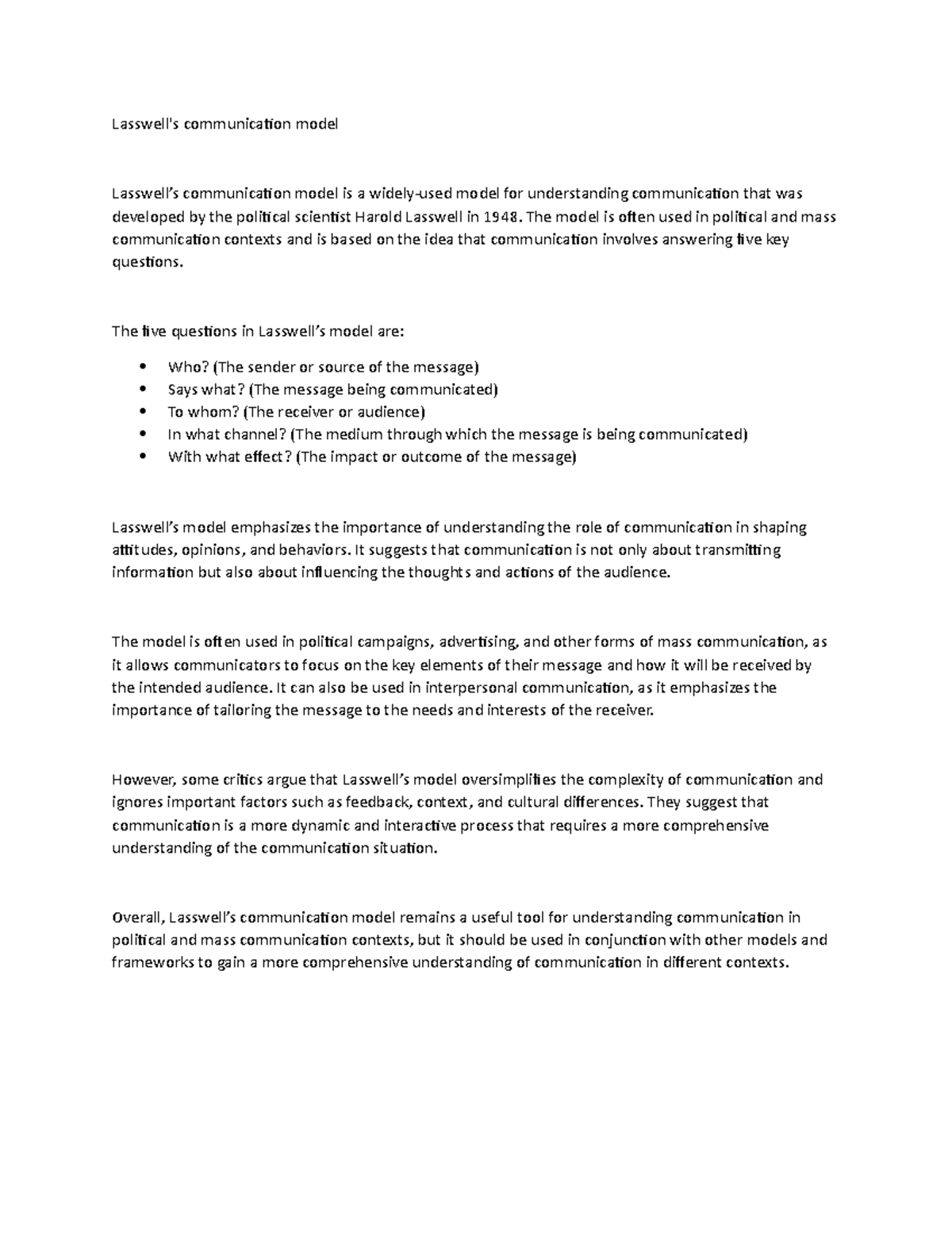 Lasswell's communication model - Lasswell's communication model ...