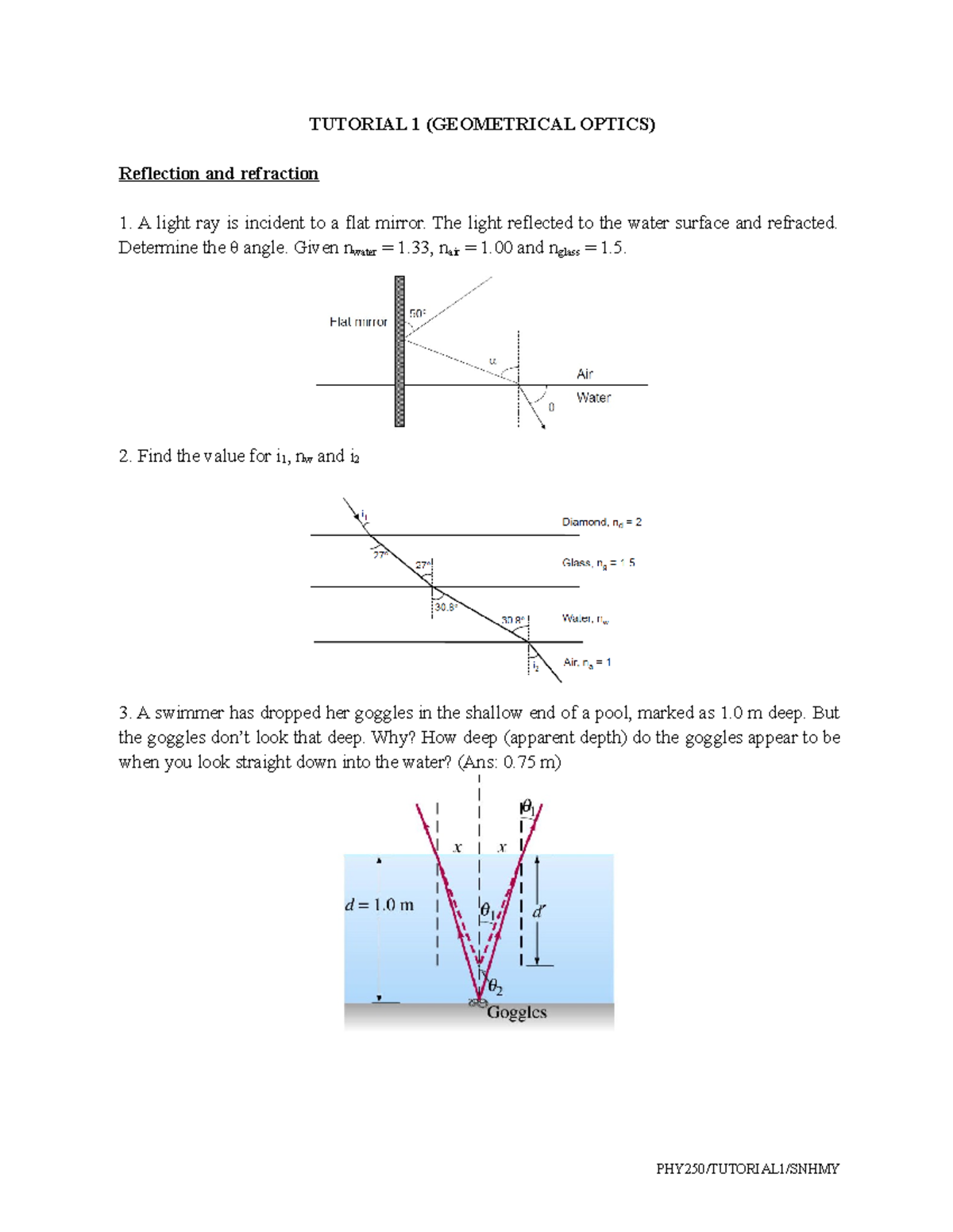 Tutorial 1 phy250 - TUTORIAL 1 (GEOMETRICAL OPTICS) Reflection and refraction A light ray is ...