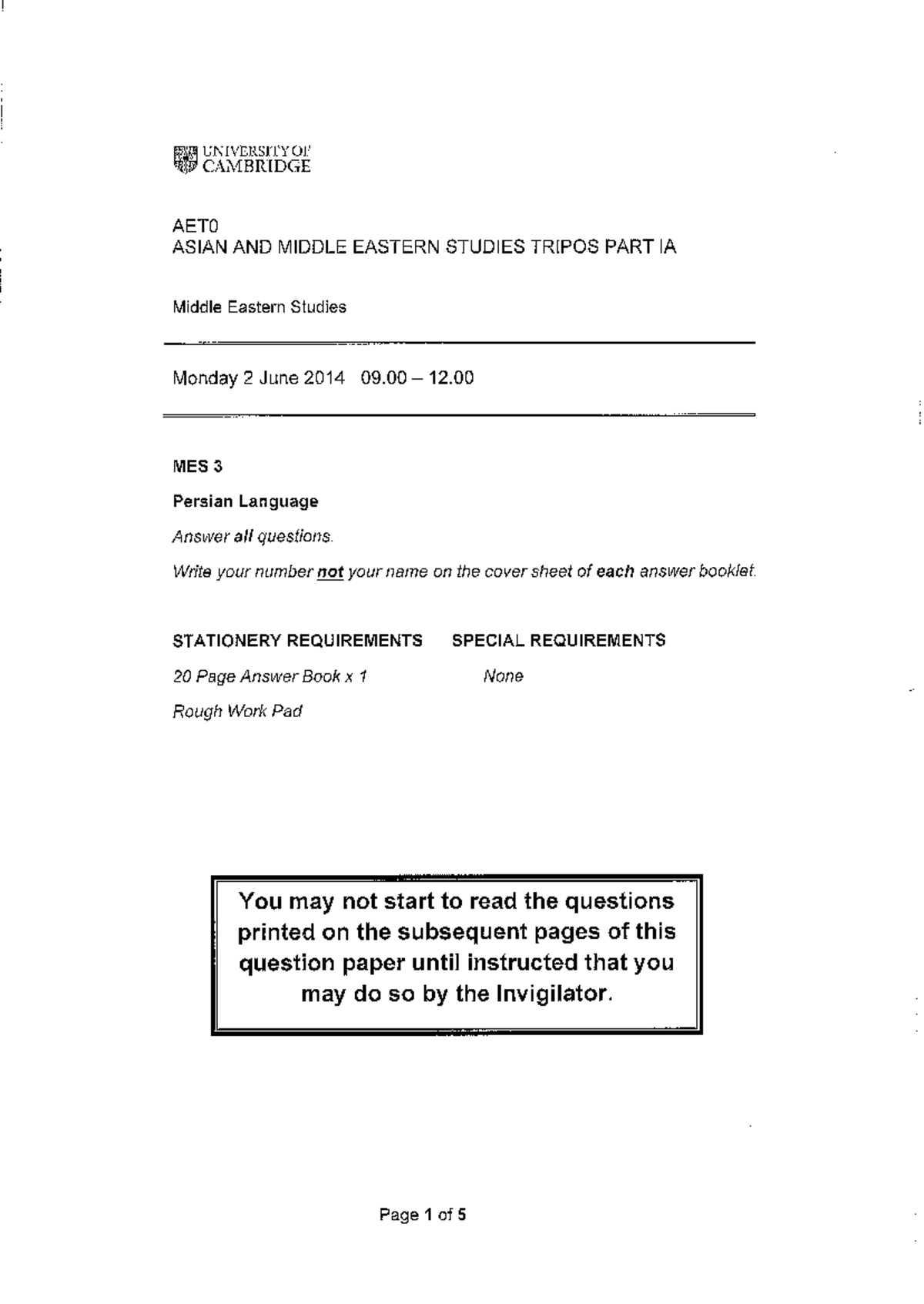 Exam 2014, questions - UNIVERSITY OF WI CAMBRIDGE AETO ASIAN AND MIDDLE ...