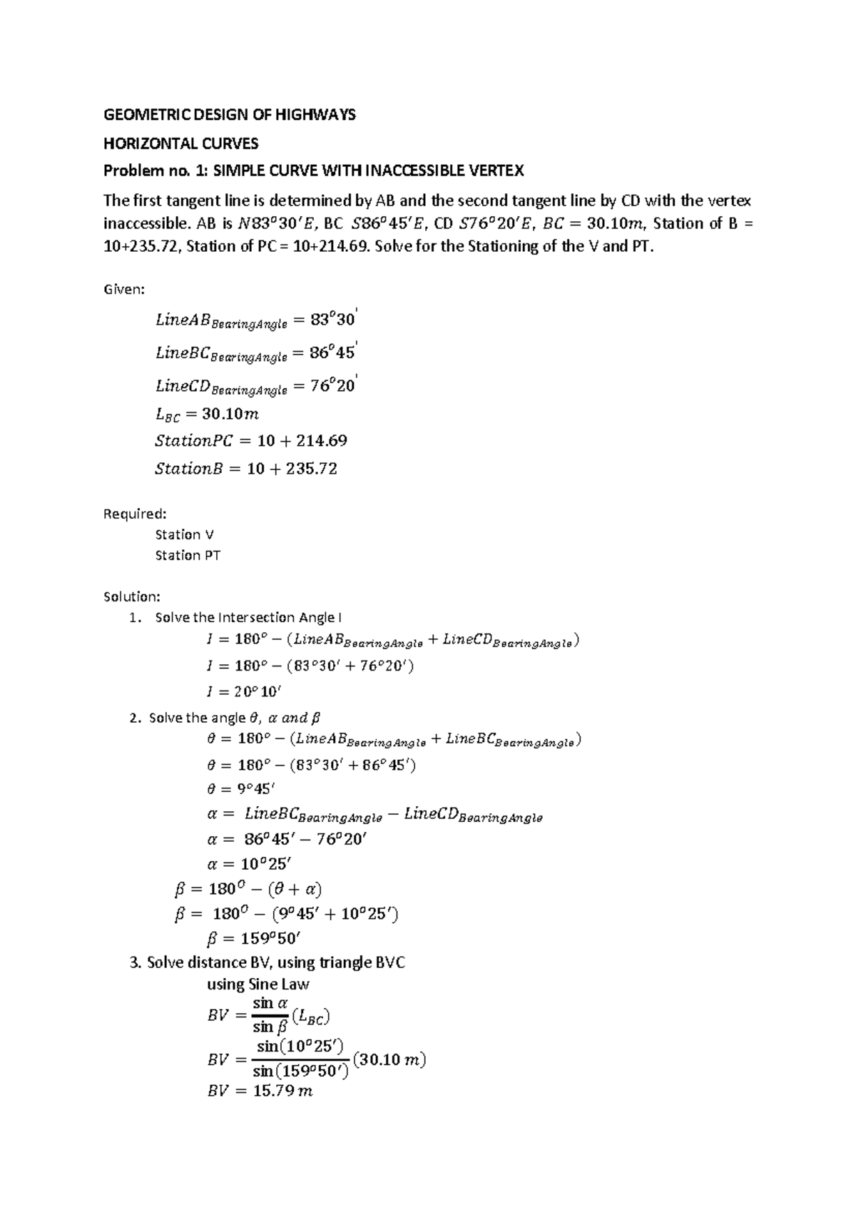Problem No. 1 Simple Curve - GEOMETRIC DESIGN OF HIGHWAYS HORIZONTAL ...