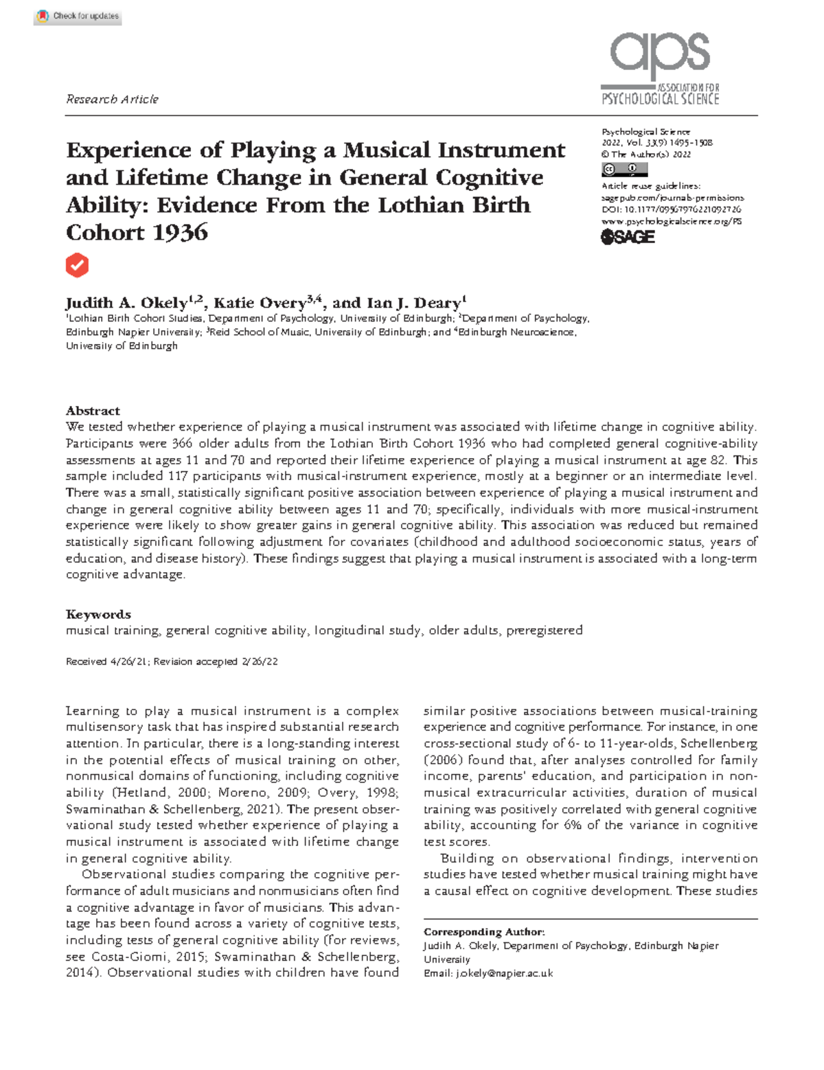 Okely et al 2022 experience of playing a musical instrument and ...