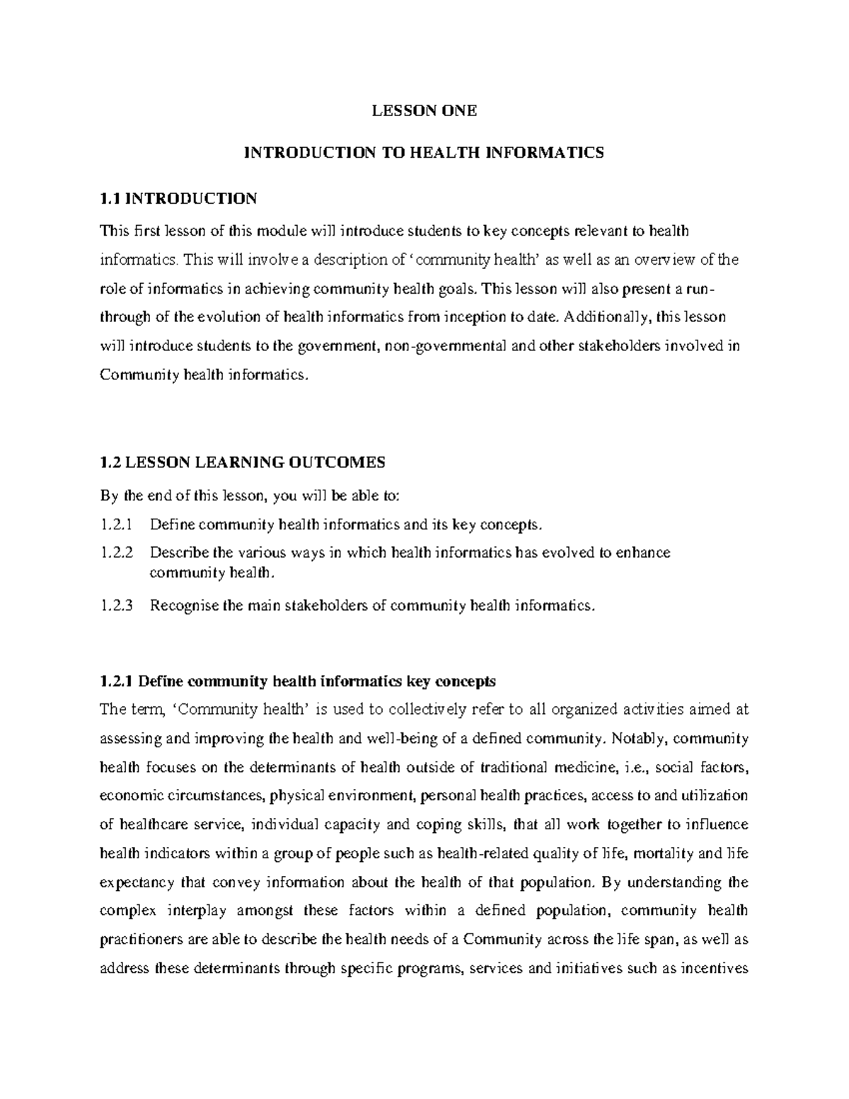 Lesson ONE and TWO - LESSON ONE INTRODUCTION TO HEALTH INFORMATICS 1 ...