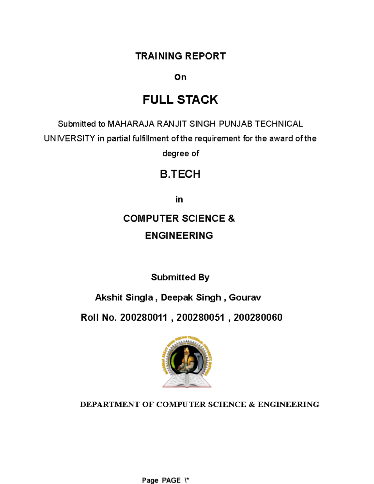 Front pages yes - bjhuhuh - TRAINING REPORT On FULL STACK Submitted to ...