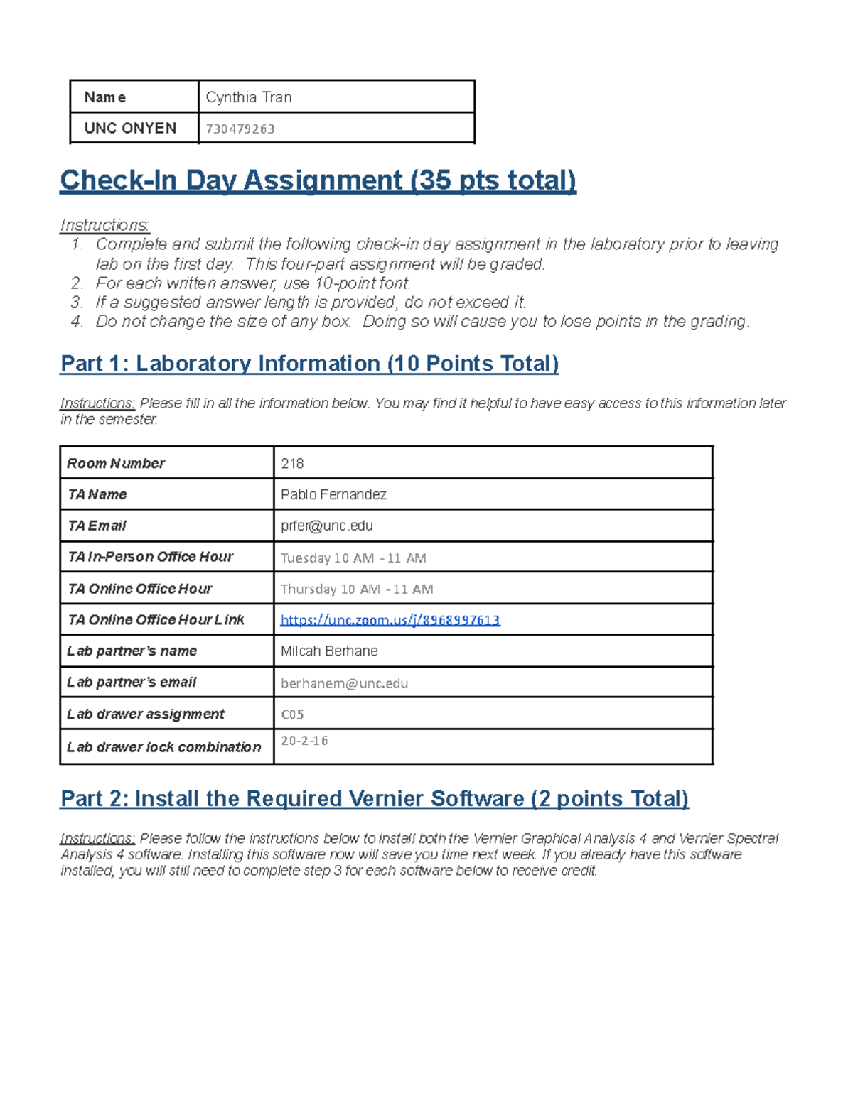 Exp 0 Check-In Day Assignment - Name Cynthia Tran UNC ONYEN 730479263 ...
