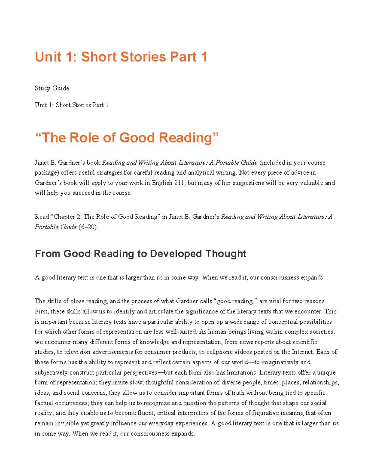 Unit 1: Short Stories Part 1: “The Role of Good Reading” - Unit 1 ...