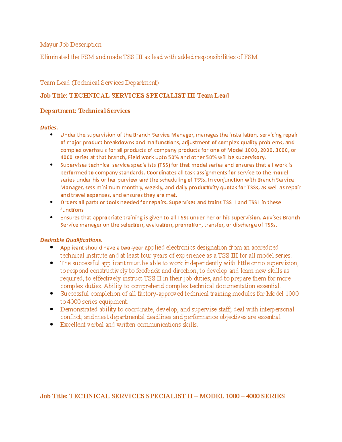 Job Description - Tss and Sales - Mayur Job Description Eliminated the ...