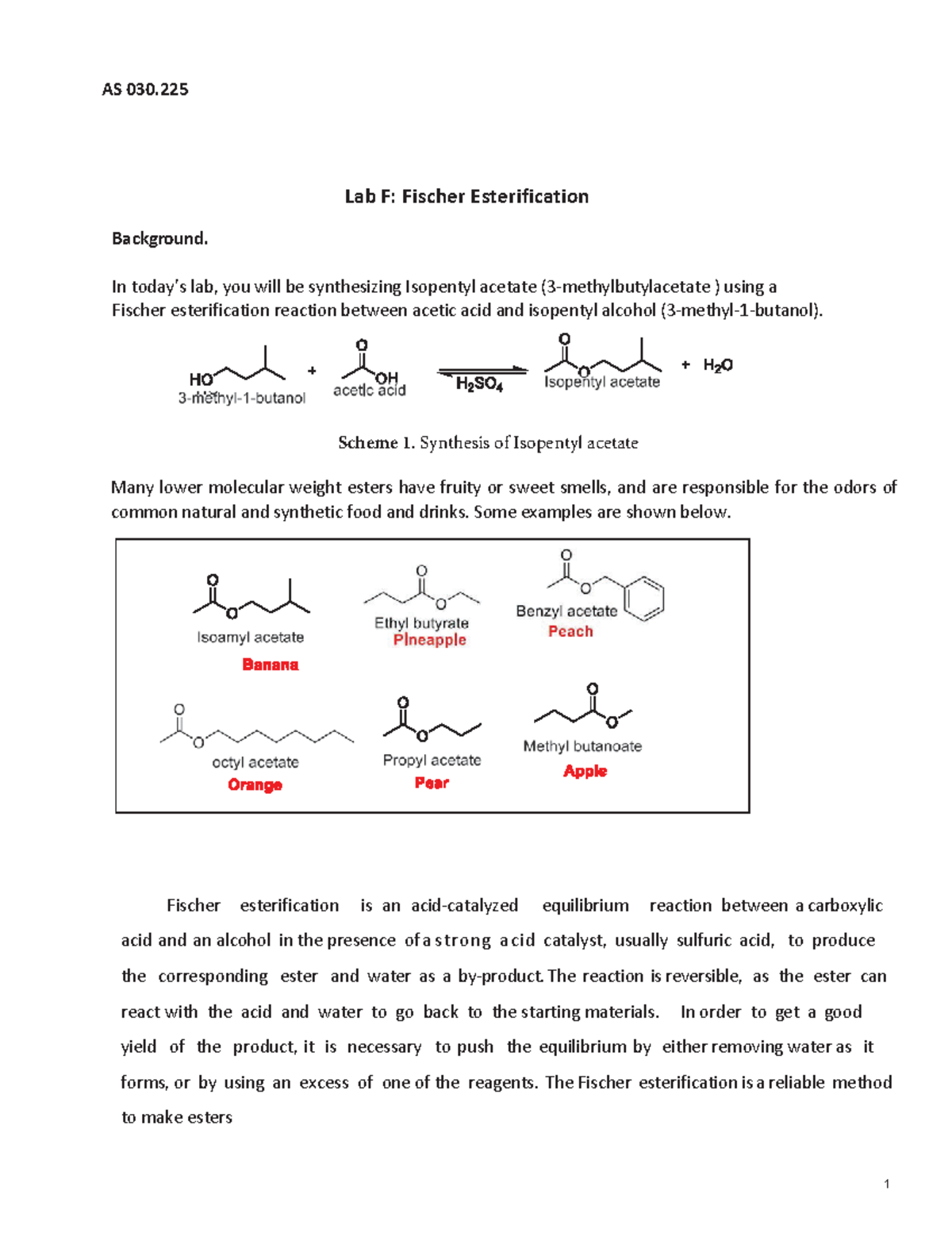 Lab F - Fischer Esterification Experiment Handout-4 - >Ăď &͗ &ŝƐĐŚĞƌ ƐƚĞƌŝĨŝĐĂƚŝŽŶ - Studocu