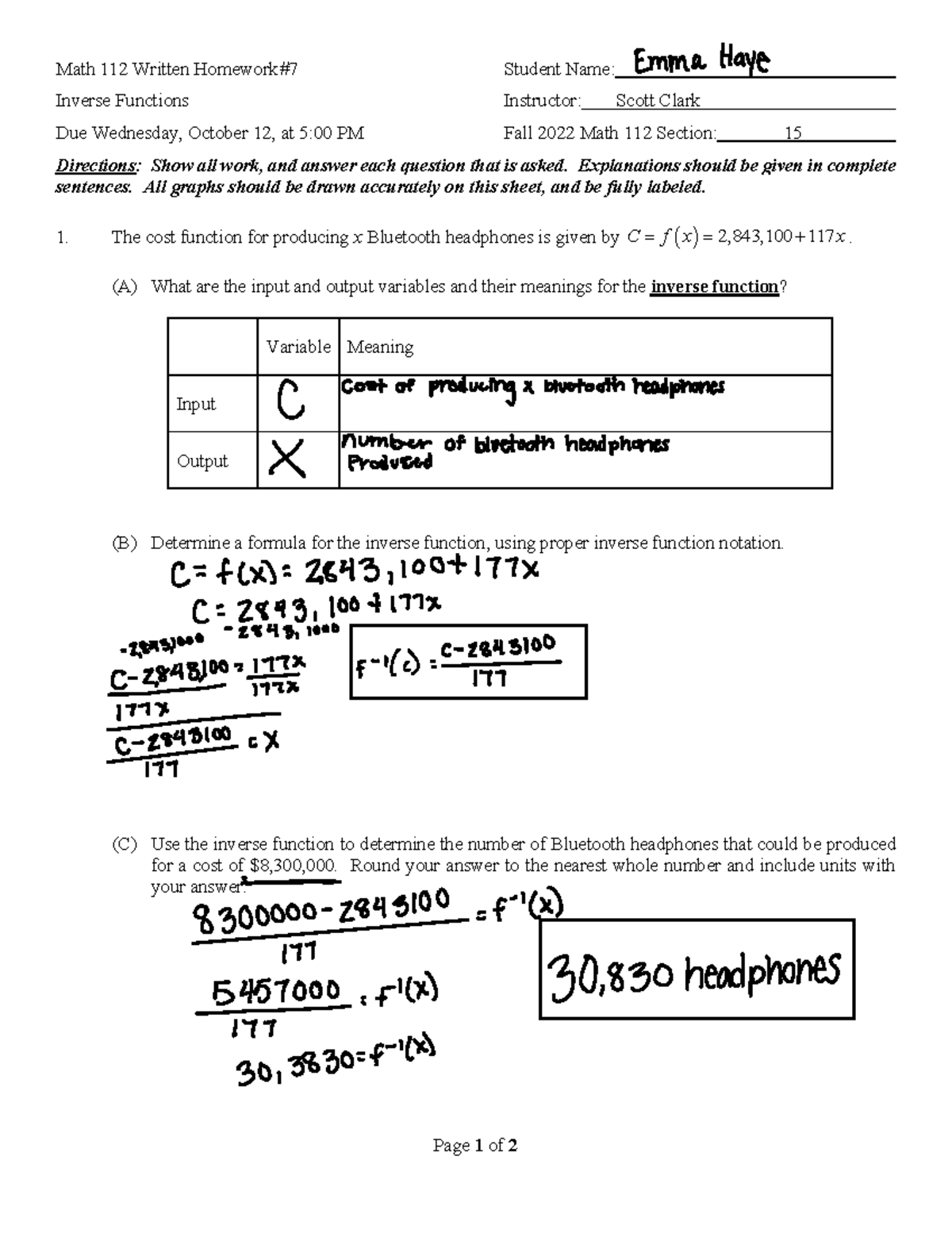 HW 07 Inverse Functions Fall 2022 Math 112 Sec 15 Due October 12 - Math 112 Written Homework #7 ...