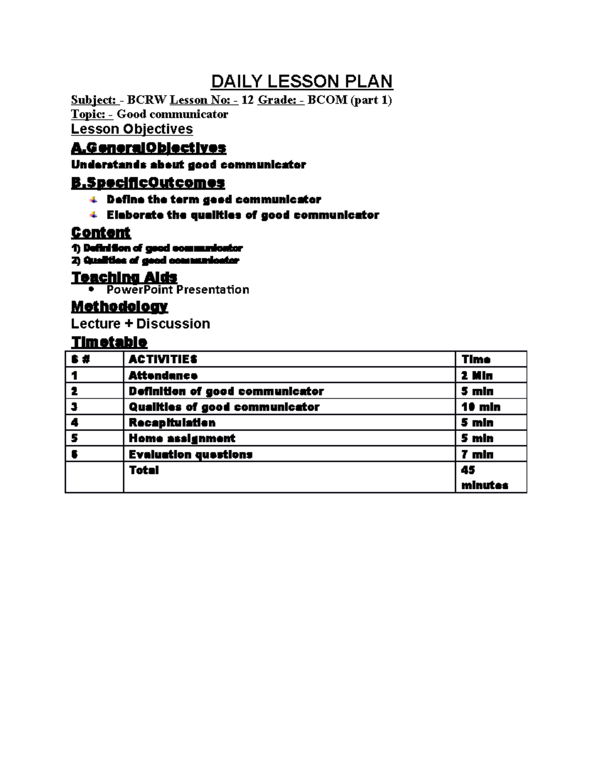 Bcrw lesson plans for guidance purpose - DAILY LESSON PLAN Subject ...