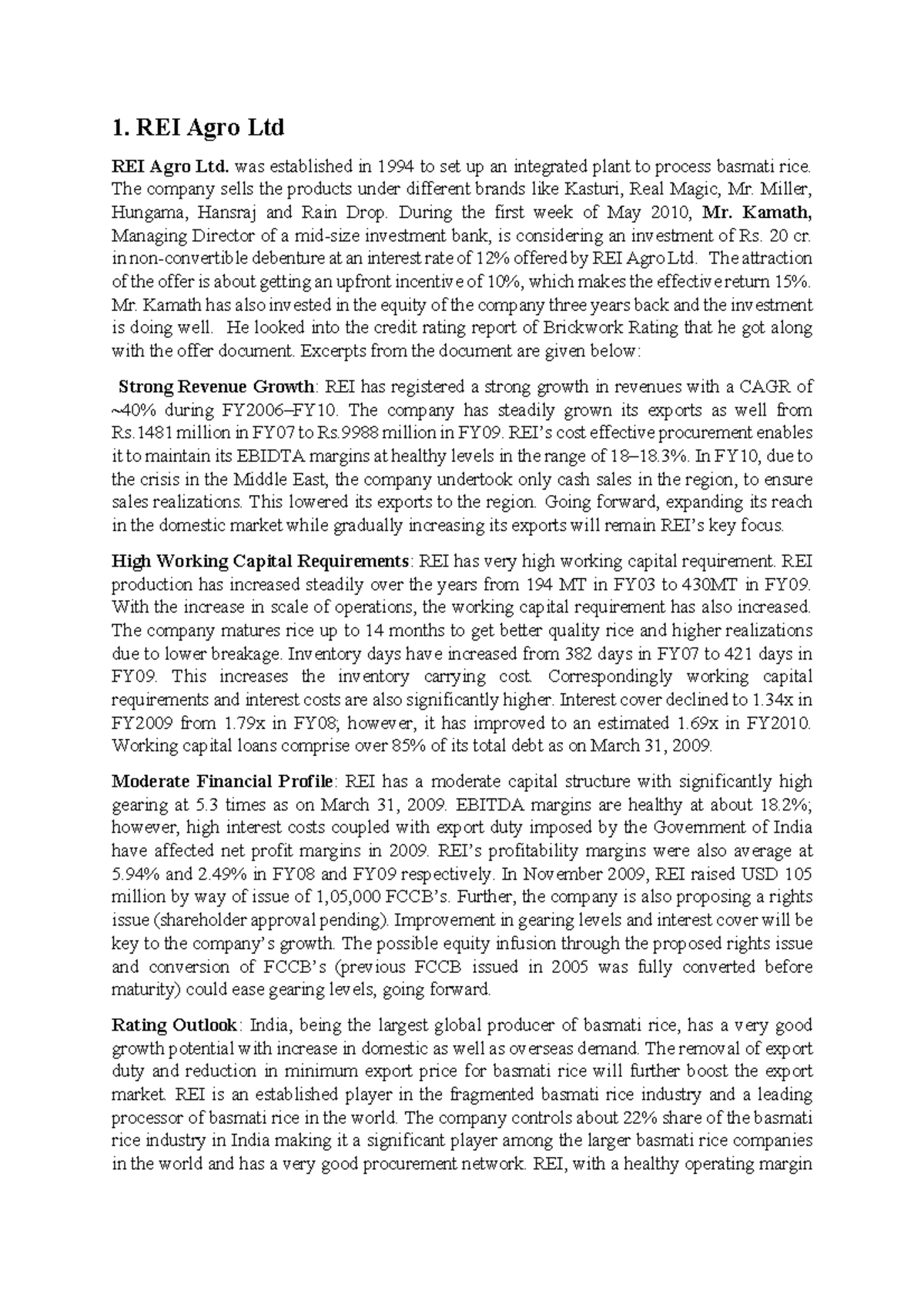 REI Agro - Case Study on Cash Flow Statement - 1. REI Agro Ltd REI Agro ...