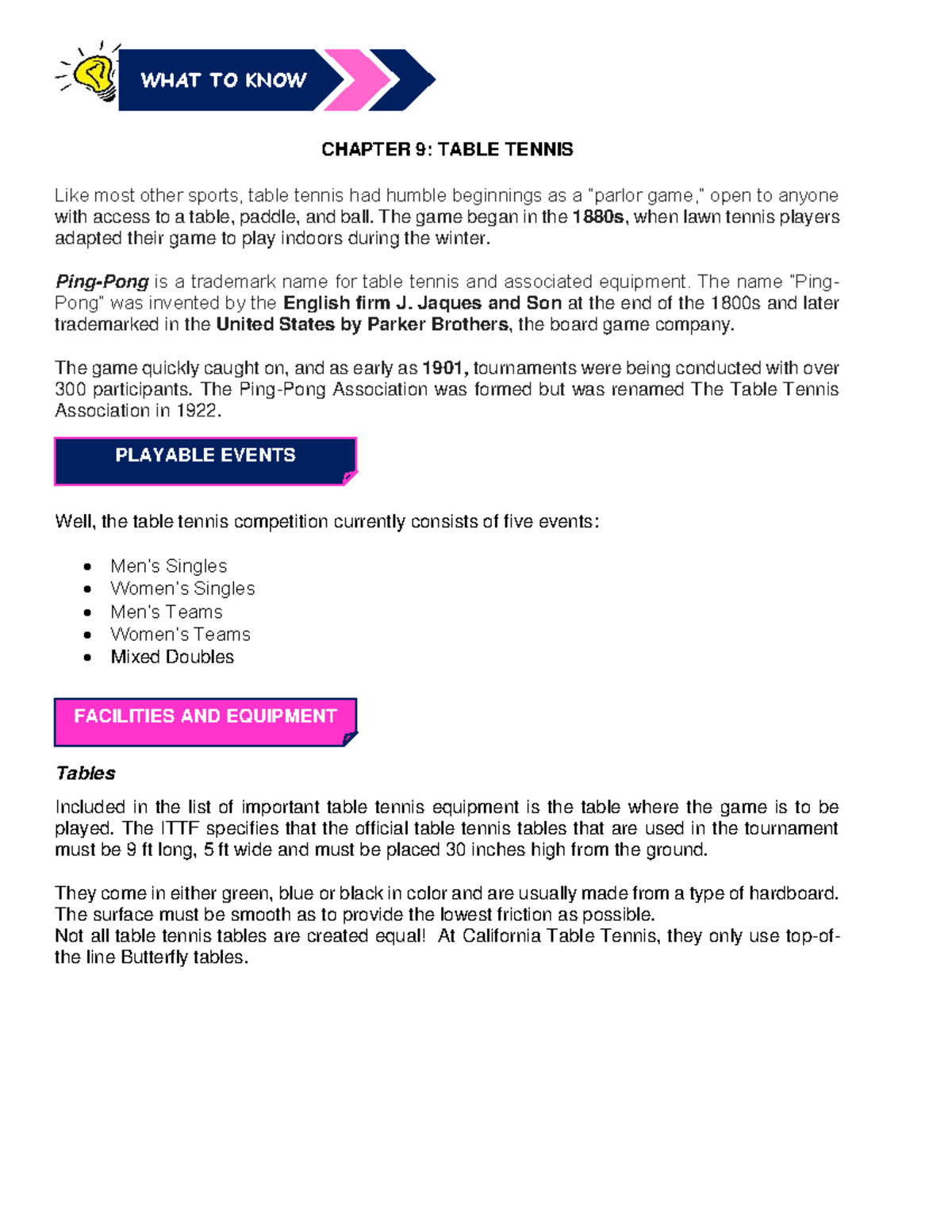 Chapter 9 - Table Tennis - CHAPTER 9: TABLE TENNIS Like most other ...