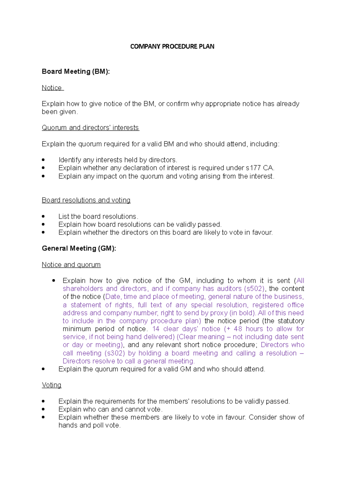 Business Law and Practice Company Procedure Plan - COMPANY PROCEDURE ...