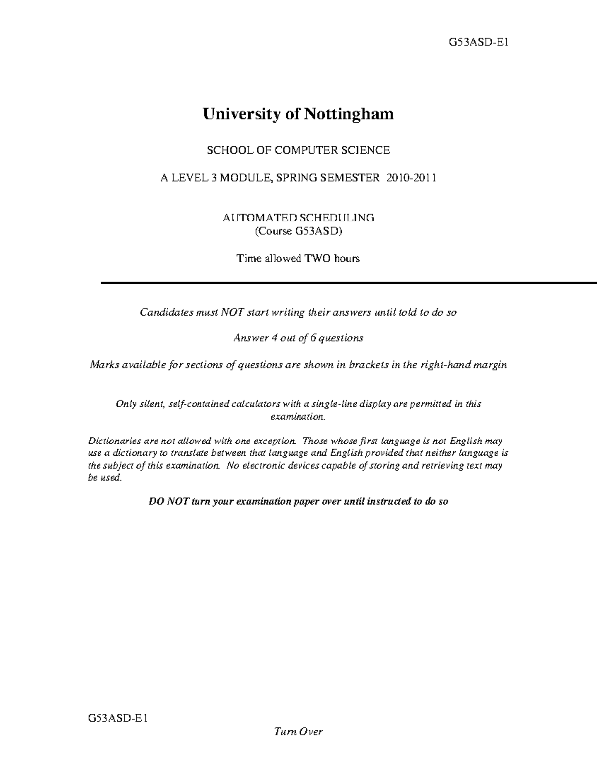 Exam 2010, questions - University of Nottingham SCHOOL OF COMPUTER ...