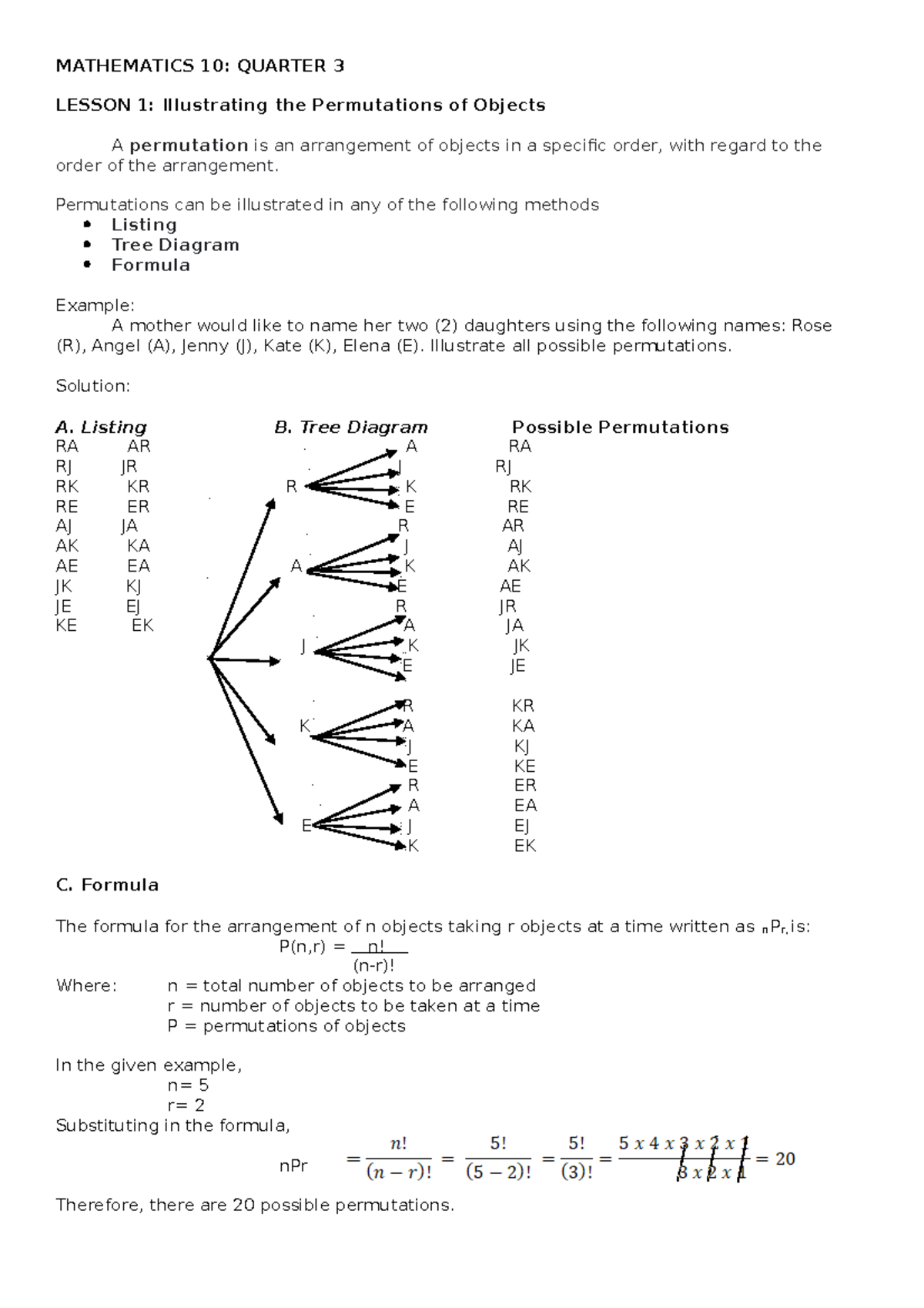 Math 10 Q3 L1 5 Math 10 Mathematics 10 Quarter 3 Lesson 1 Illustrating The Permutations