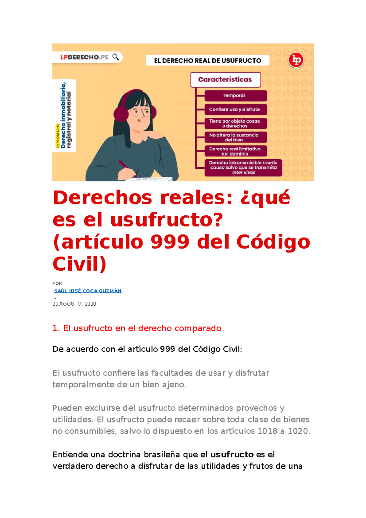 LECTURA DE USUFRUCTO DEFINICION CARACTERISTICAS CONCLUSIONES - Derecho ...