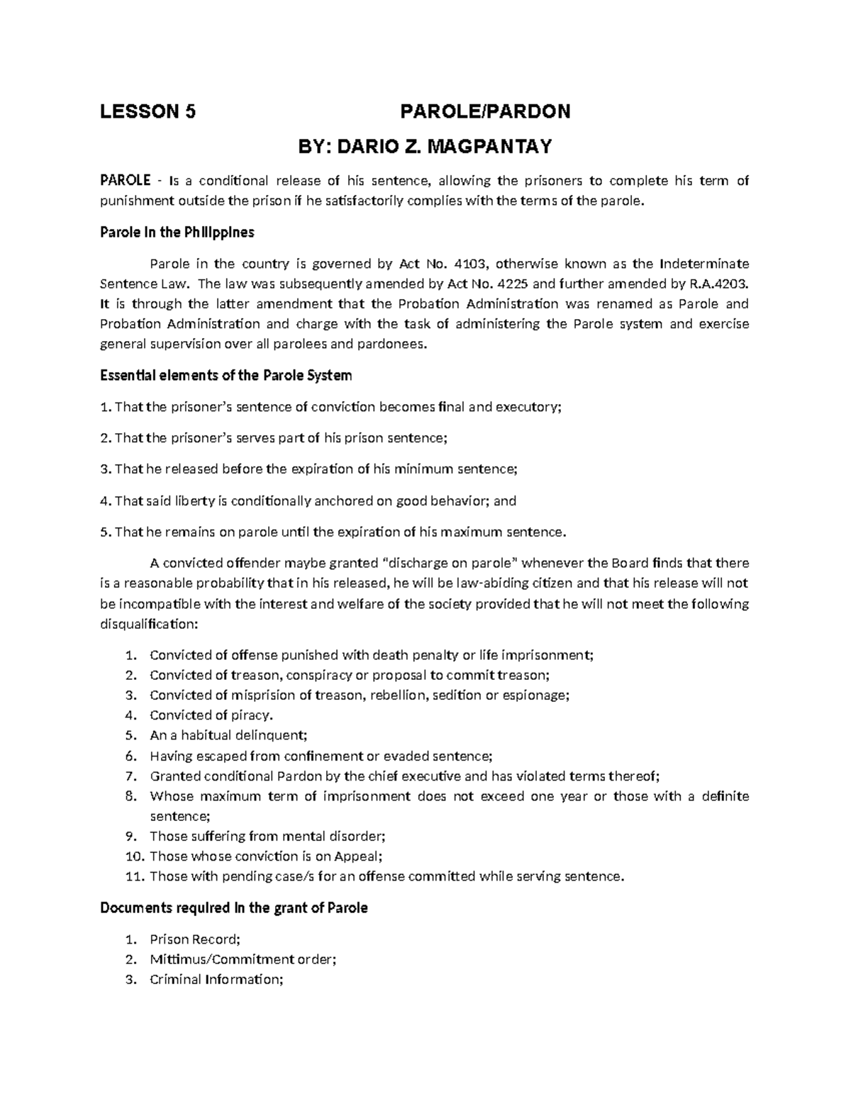 Lesson 5 Parole - n/a - LESSON 5 PAROLE/PARDON BY: DARIO Z. MAGPANTAY ...