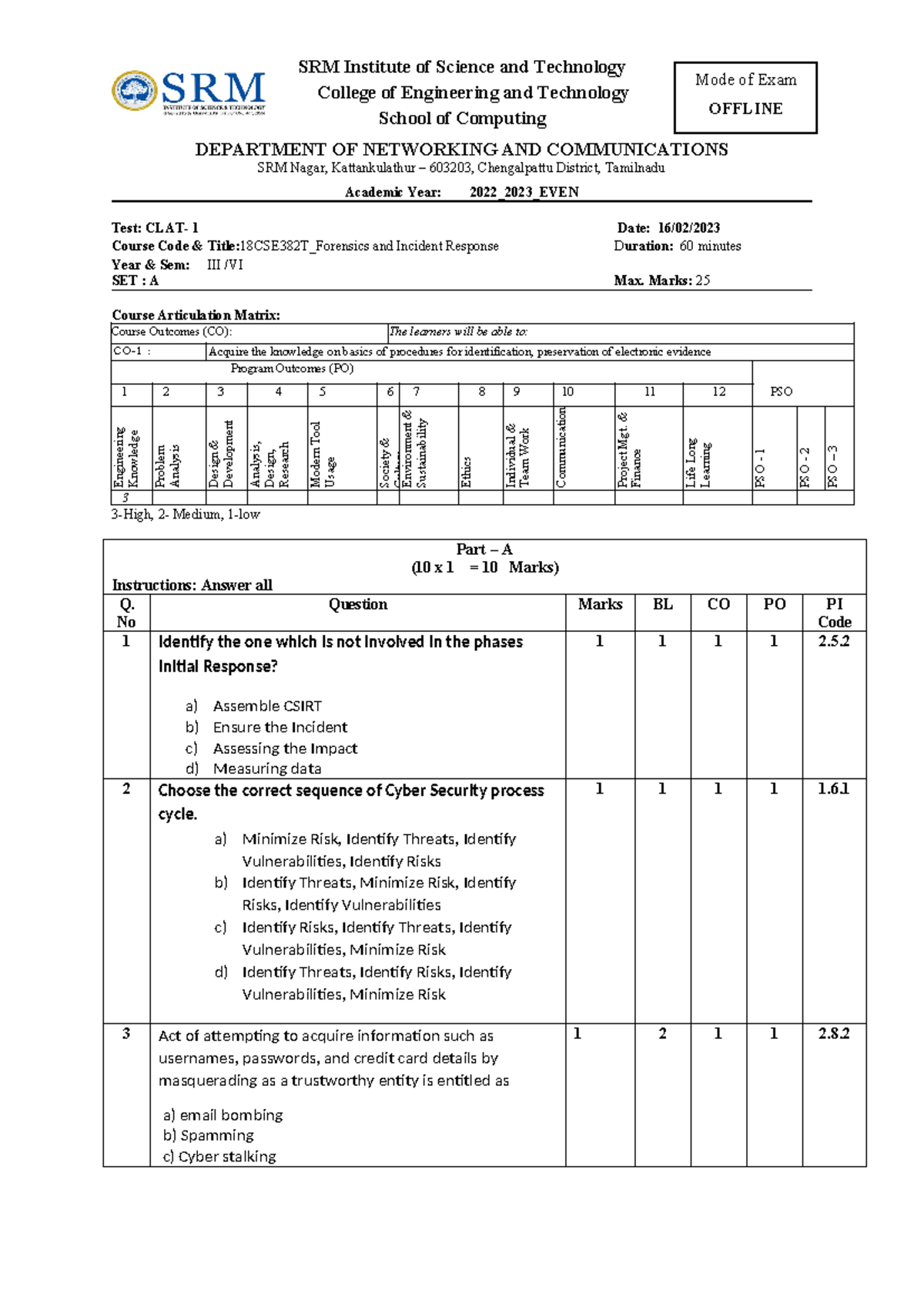 Ct1 Fir Set A Updated Ct1 Qp Srm Institute Of Science And Technology College Of Engineering