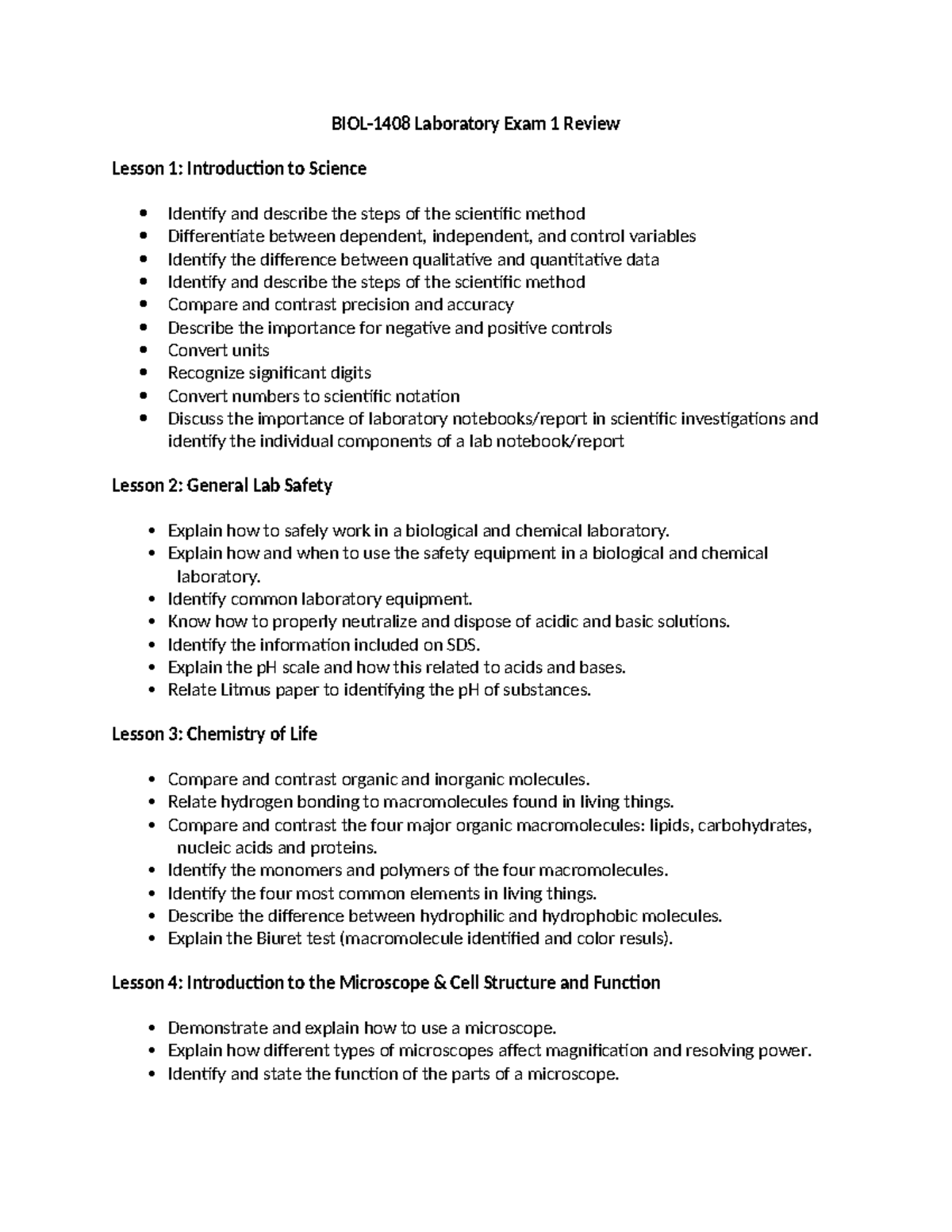 Review Study Guide for Biol 1408 Lab Exam 1-1 - BIOL-1408 Laboratory ...