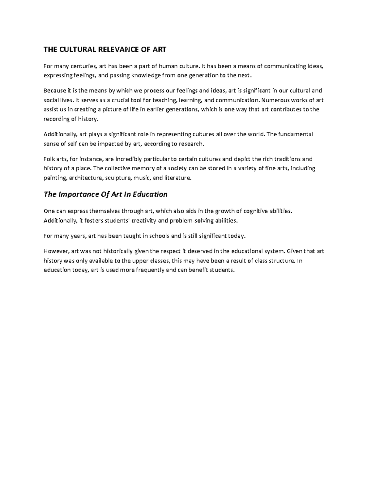 THE Cultural Relevance OF ART - THE CULTURAL RELEVANCE OF ART For many ...