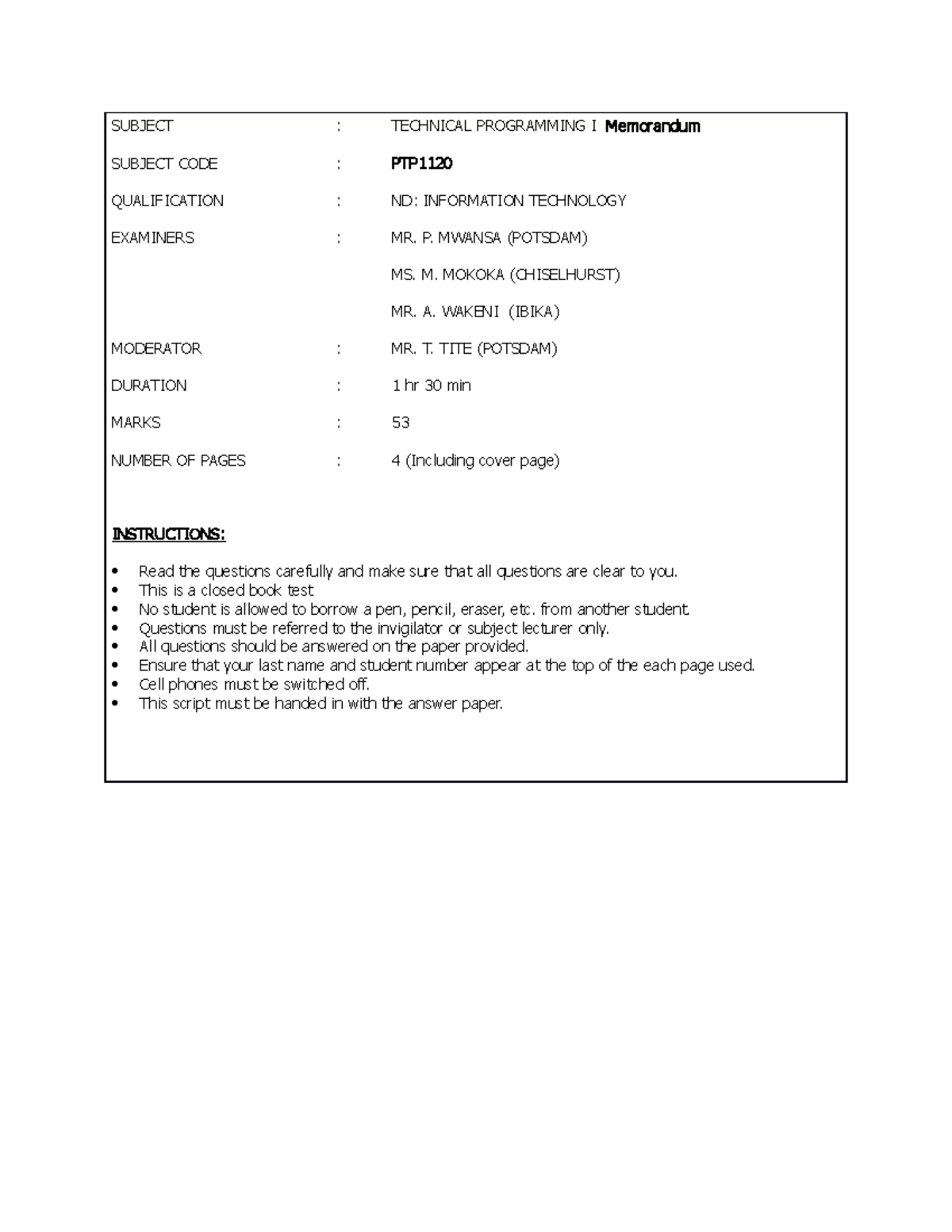 Tptest 12012 Memo This Is The Memorandum For Tp1 Test1 2012 Subject Technical Programming