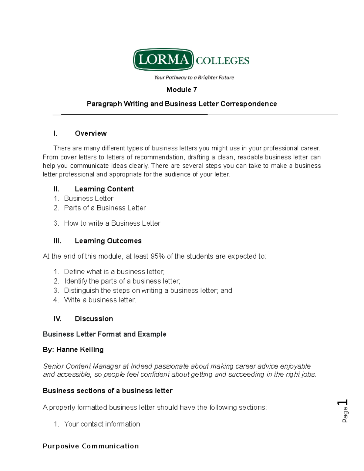 Purposive COM Module 7 - Module 7 Paragraph Writing and Business Letter ...