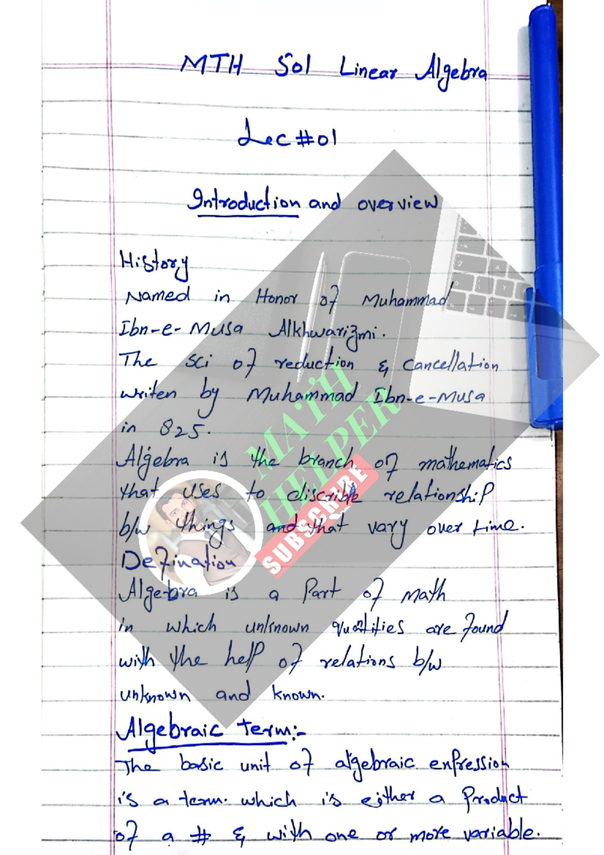 Mth501 lecture 1-15 by math helper - Linear Algebra - Studocu