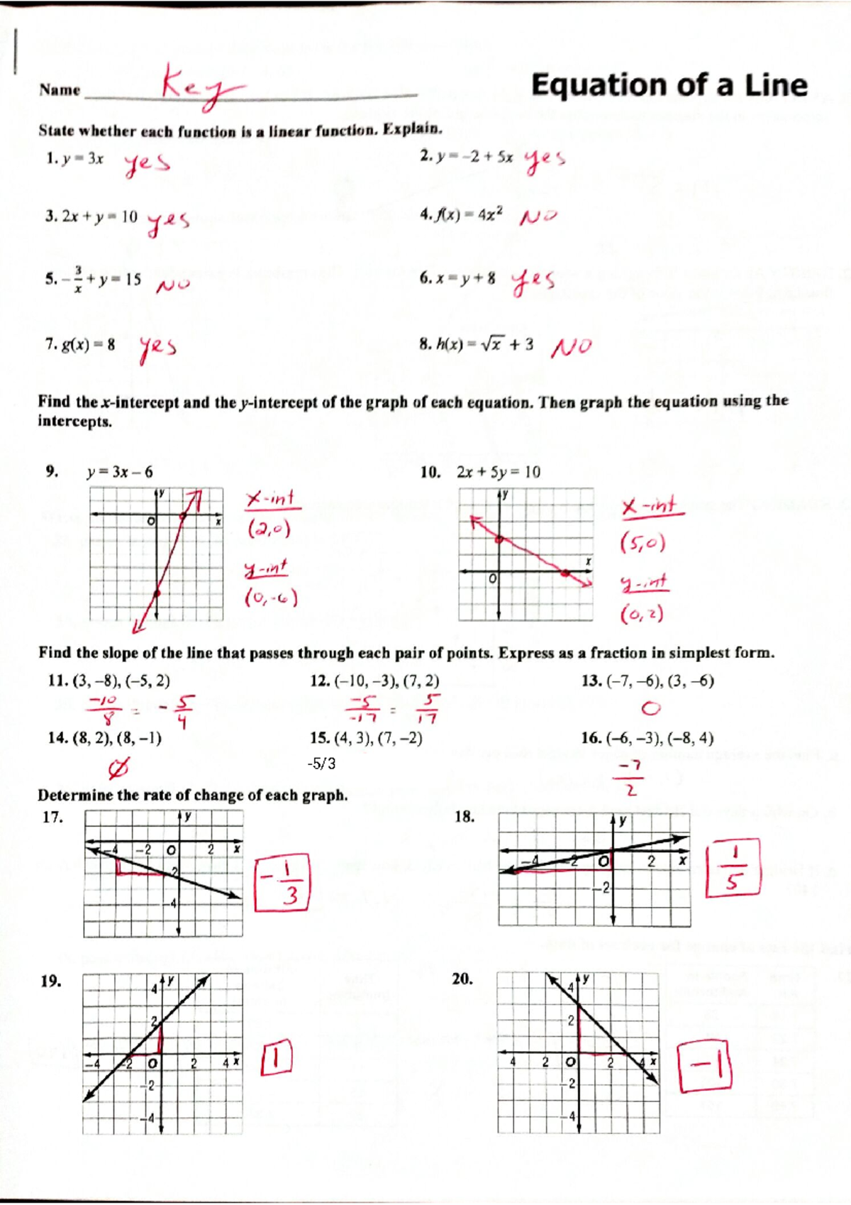 Solutions to Equation of a Line - Name Key Equation of a Line State ...