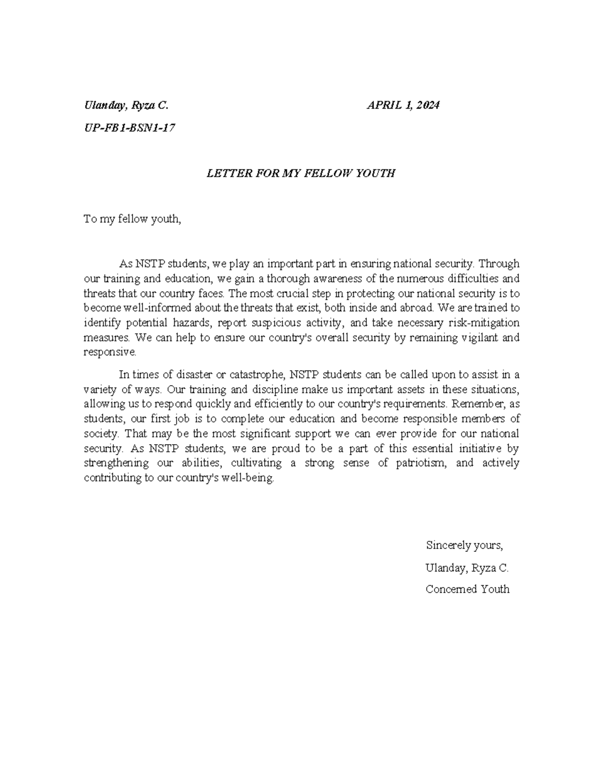 NSTP Letter - baabababababb - Ulanday, Ryza C. APRIL 1, 2024 UP-FB1 ...