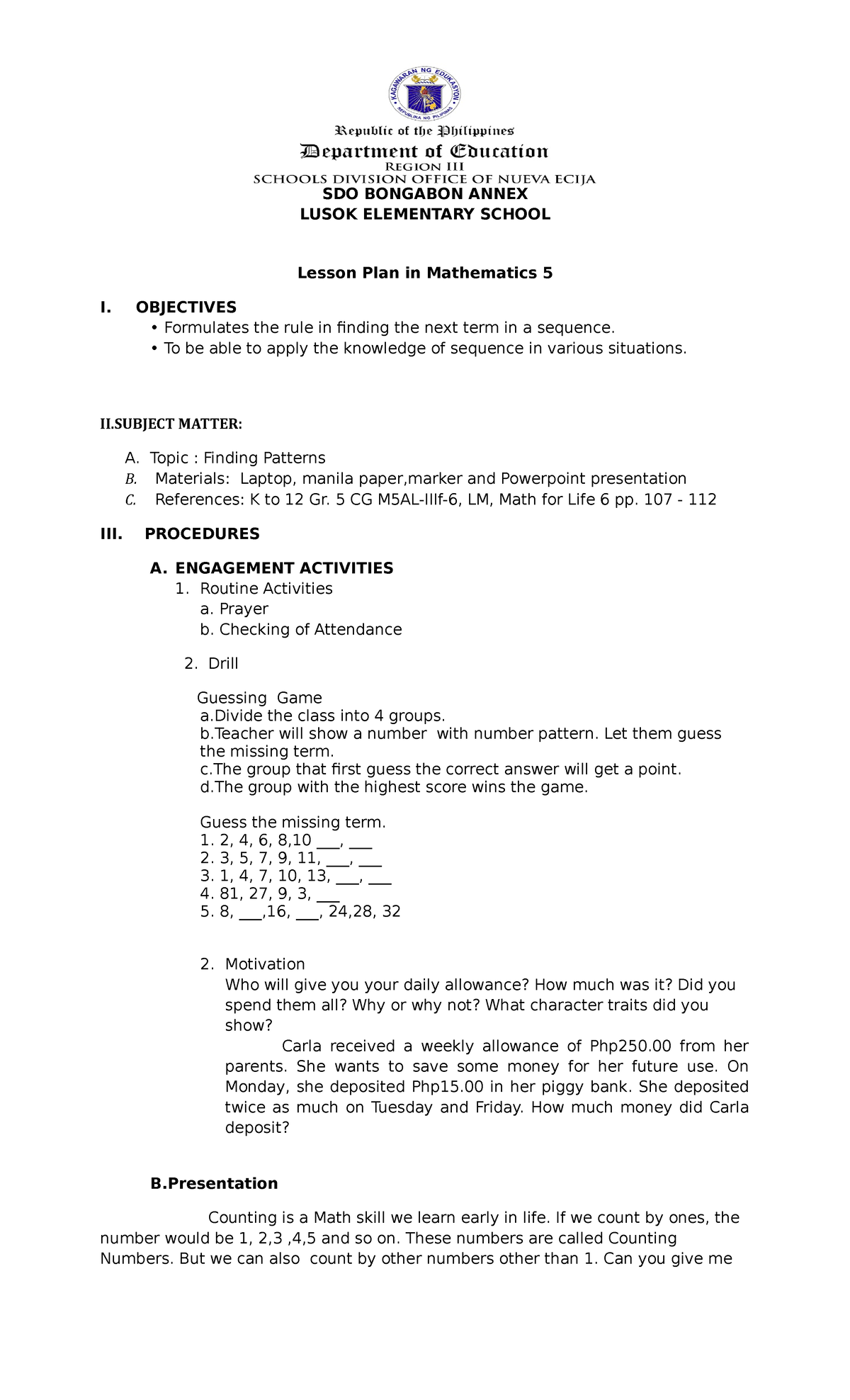 Lesson Plan In Mathematics 5 SDO BONGABON ANNEX LUSOK ELEMENTARY