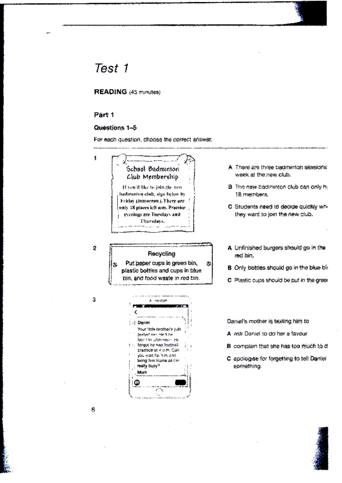Use 1 - english - Test 1 READING (45 minutes) Part 1 Questions For each ...