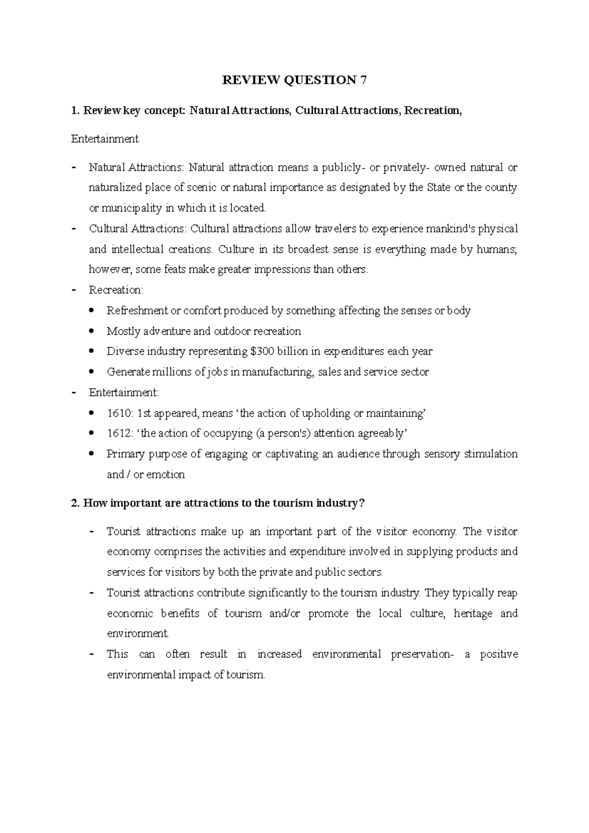 Review Question 7 about Introduction to tourism - REVIEW QUESTION 7 1 ...