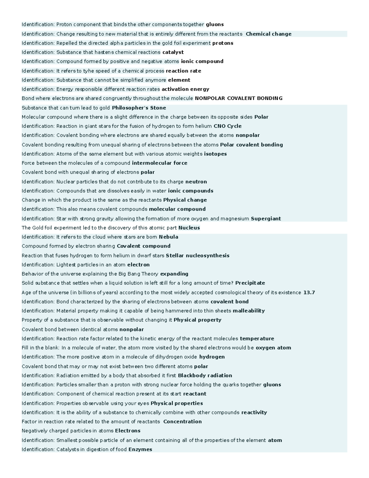 Q1 ExaM Physical Science - Identification: Proton component that binds ...