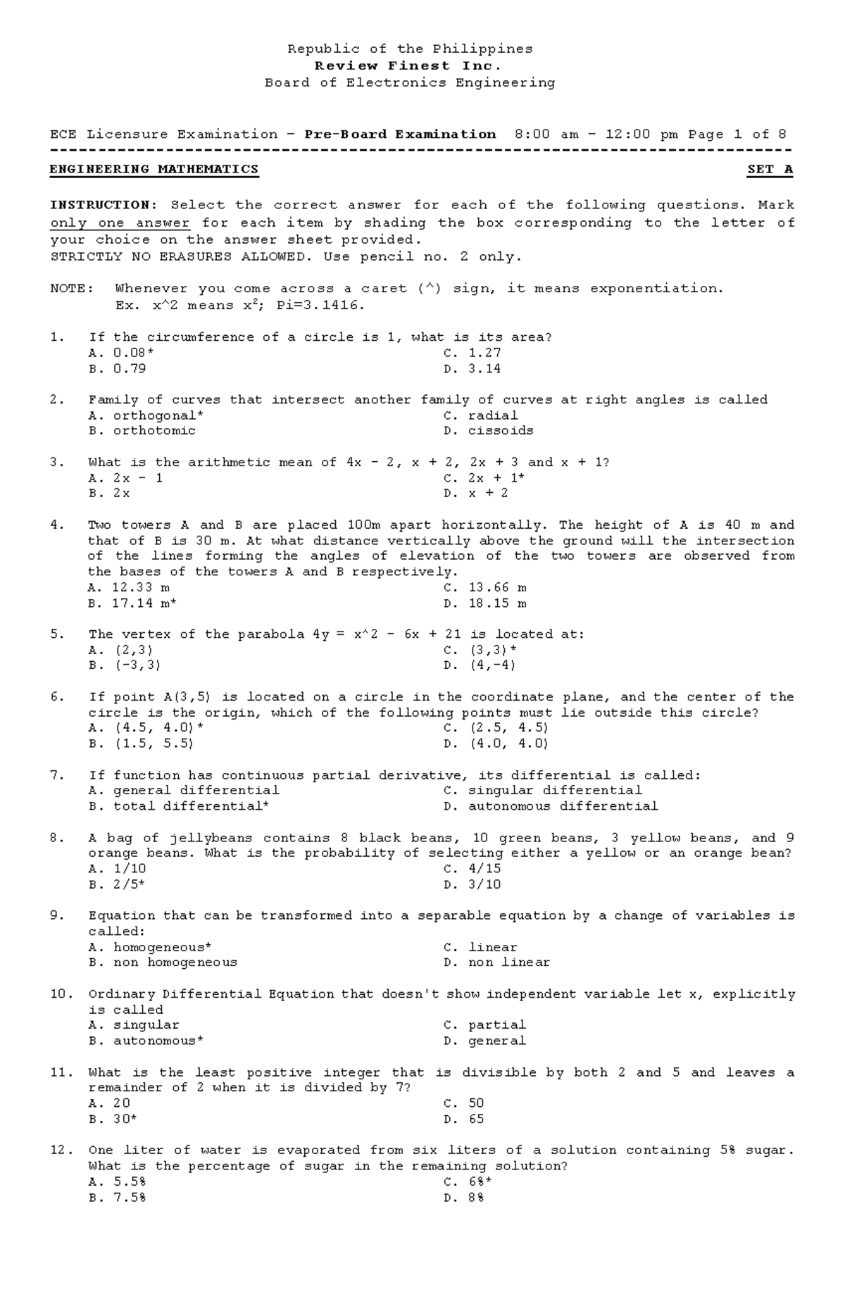 Pdfcoffee - MATH EE - Review Finest Inc. Board of Electronics Engineering ECE Licensure ...