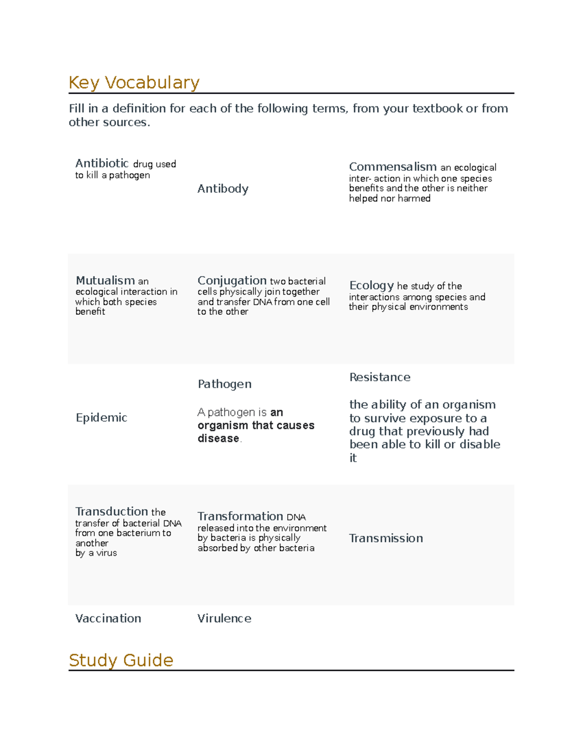Key Vocabulary - Lecture note for bisc101 - Key Vocabulary Fill in a ...